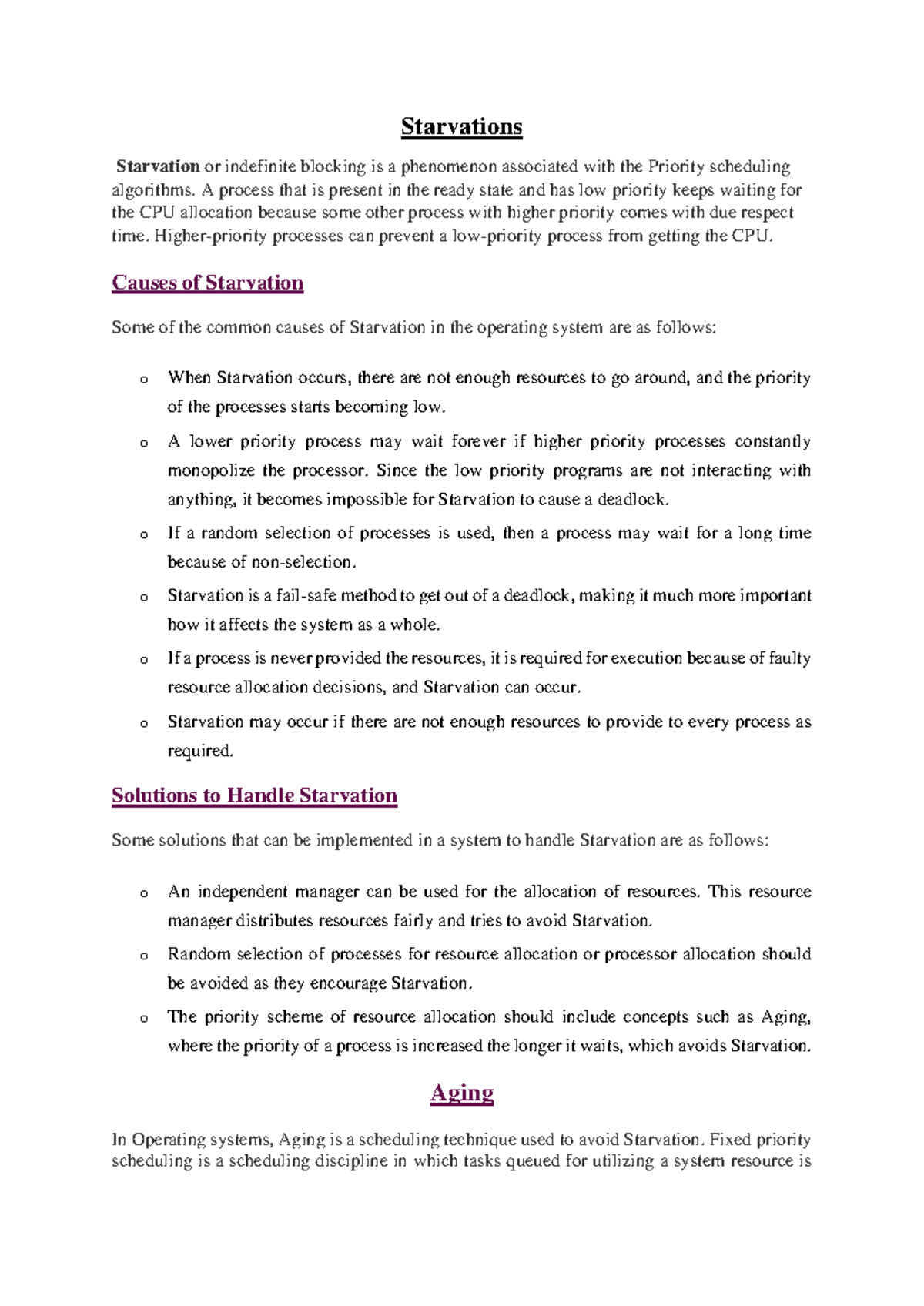 OS unit 3 - syllabus relevant notes - Starvations Starvation or ...