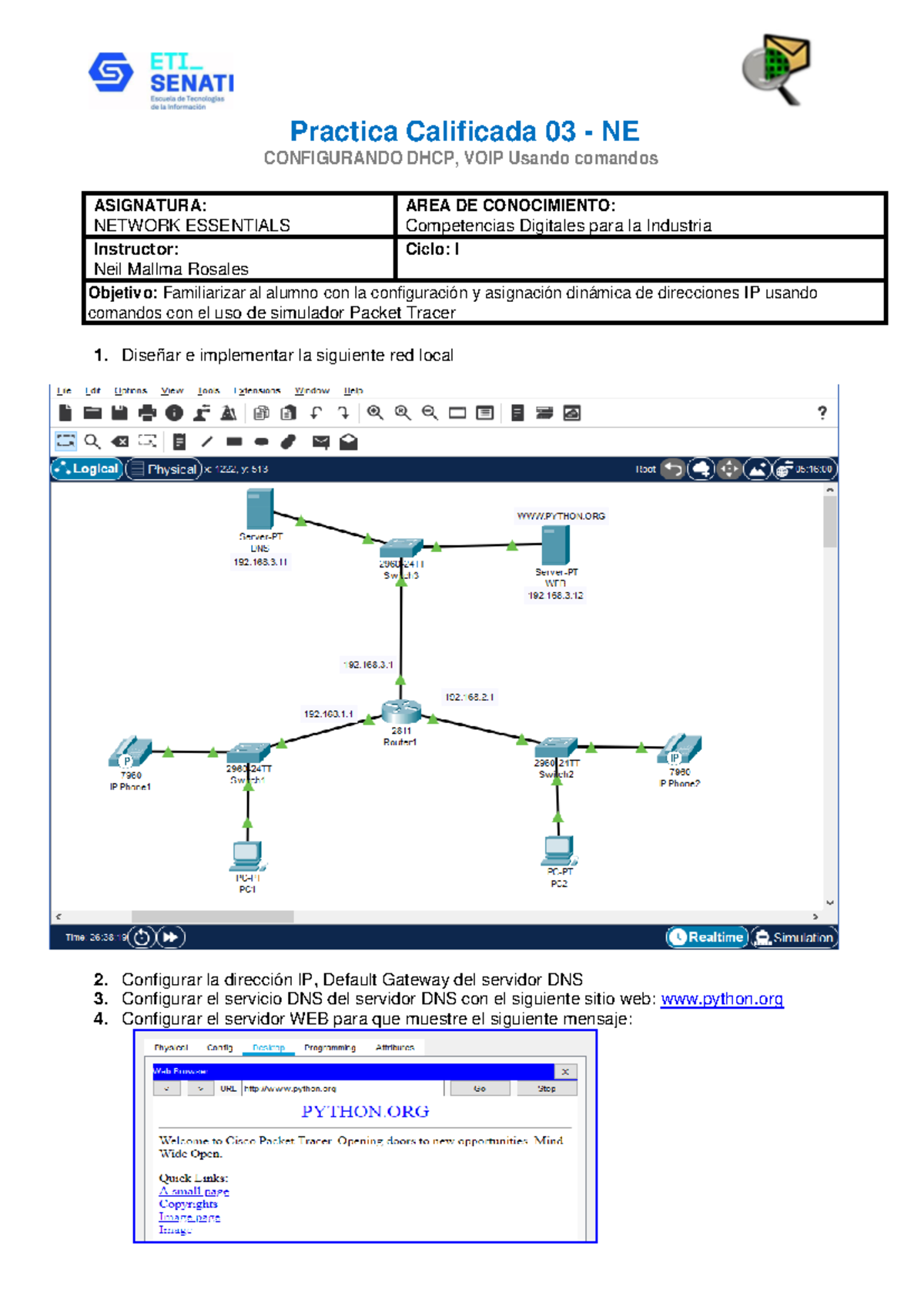 Practica 03 pkt - ne - Practica Calificada 0 3 - NE CONFIGURANDO DHCP ...