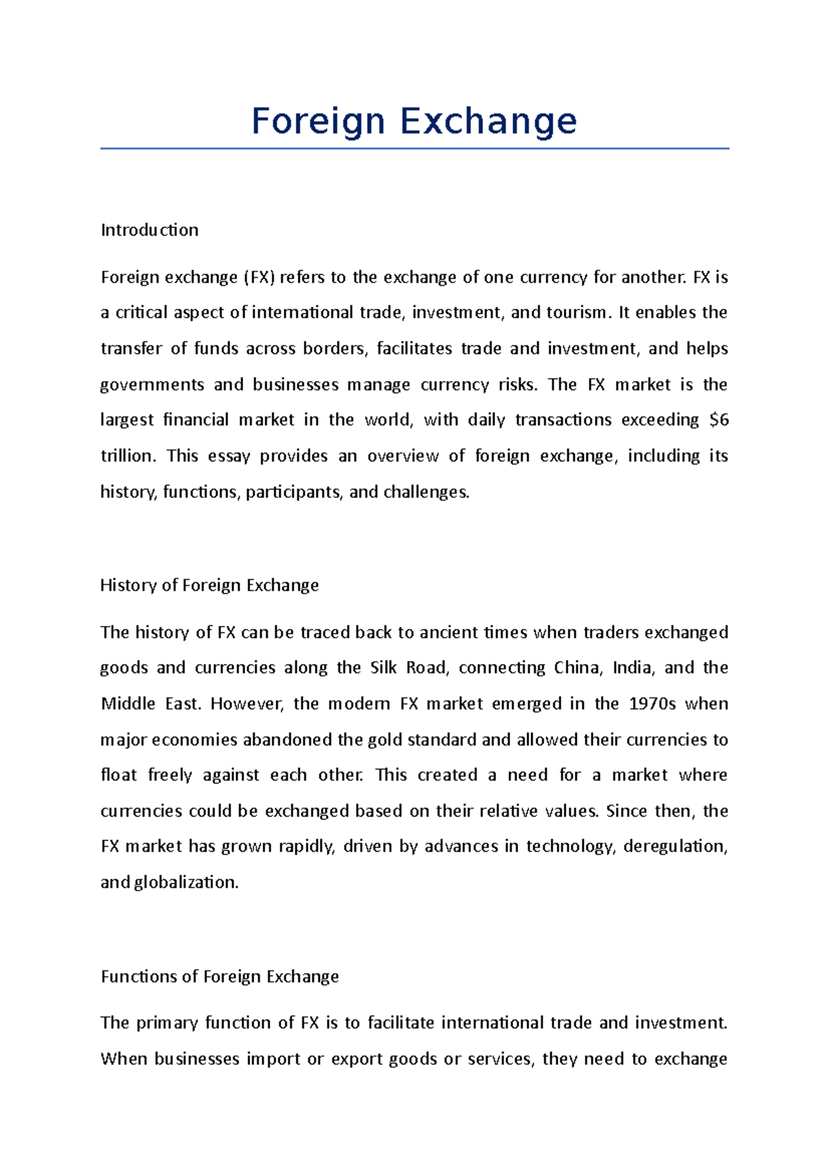 Brief note on Foreign Exchange - Foreign Exchange Introduction Foreign ...