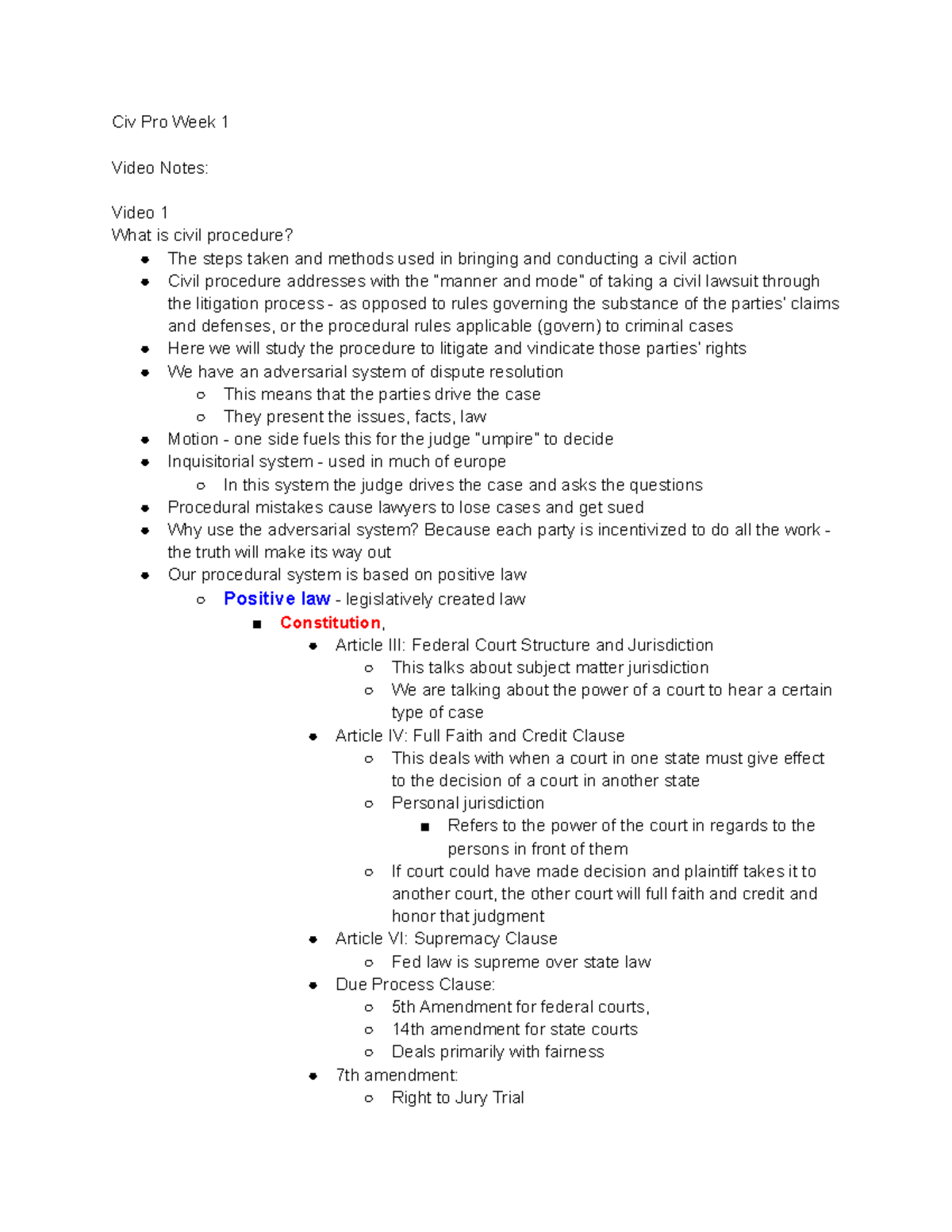 Civ Pro Week 1 - lkjml. - Civ Pro Week 1 Video Notes: Video 1 What is ...