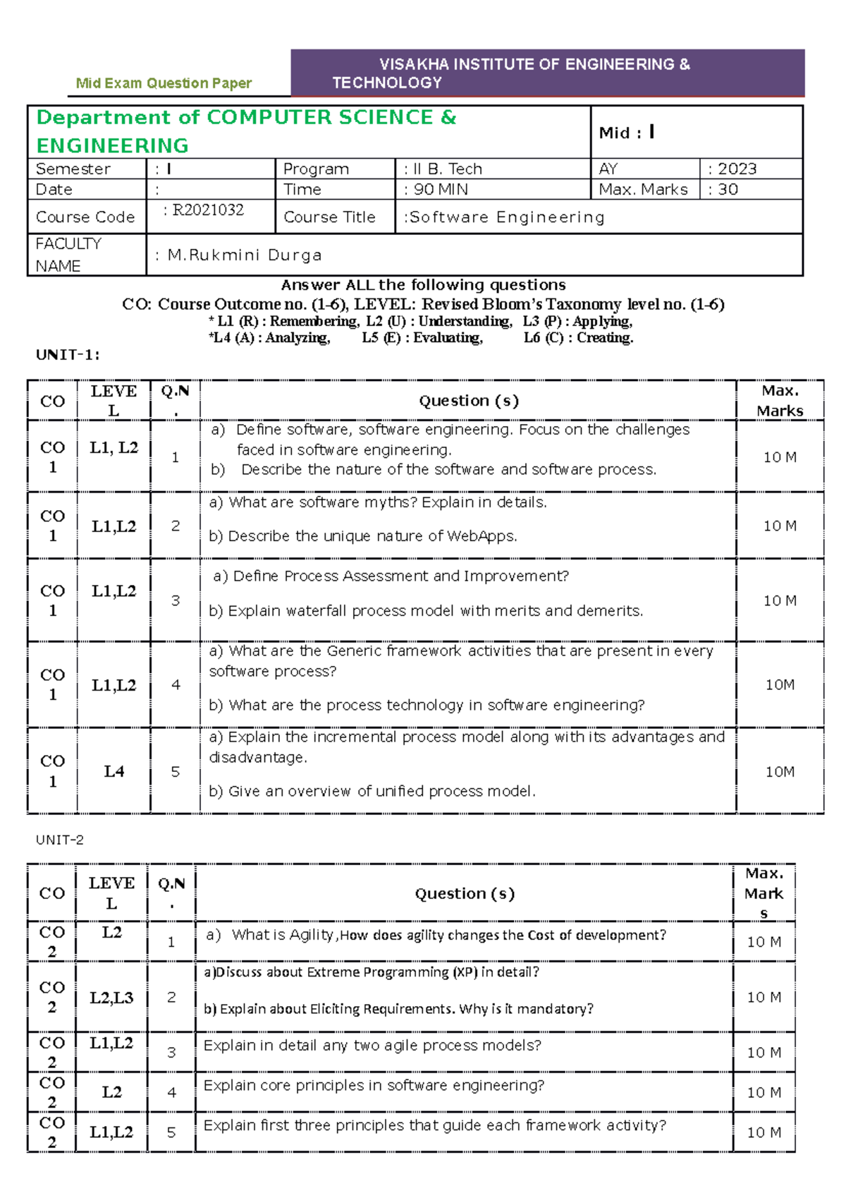 SE MID Paper - Mid Exam Question Paper VISAKHA INSTITUTE OF ENGINEERING ...