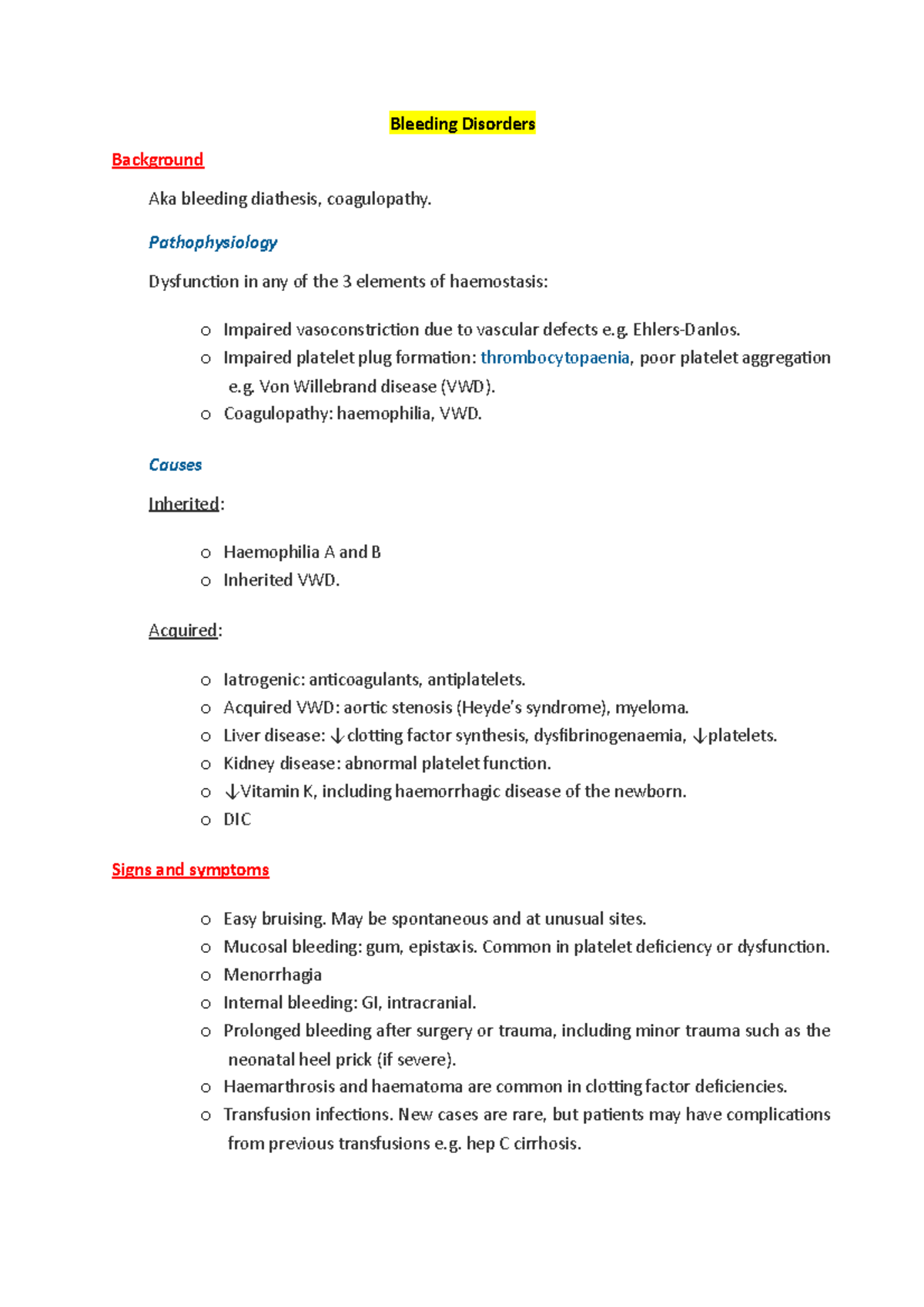 Bleeding Disorders - Lecture notes 1 - Bleeding Disorders Background ...