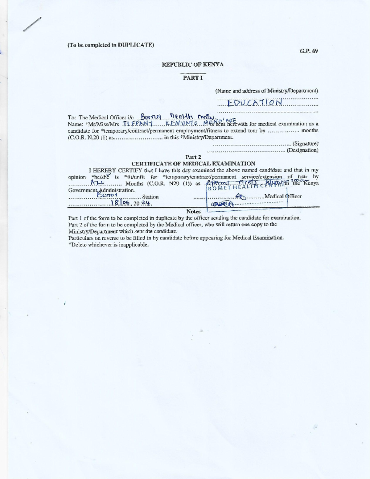 Tiff medical form - (To be completed in DUPLICATE) G. 69 REPUBLIC OF ...