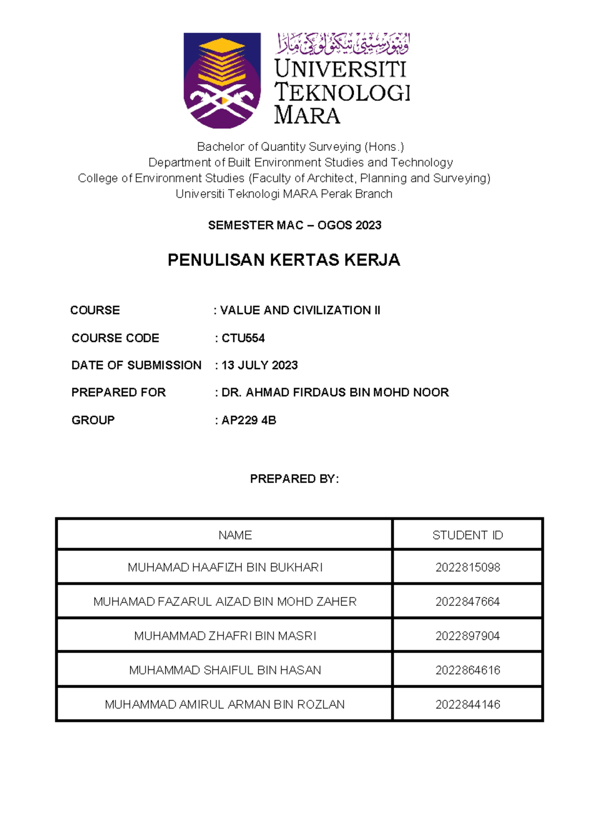 Report CTU 1 - GOOD'' - Bachelor of Quantity Surveying (Hons ...