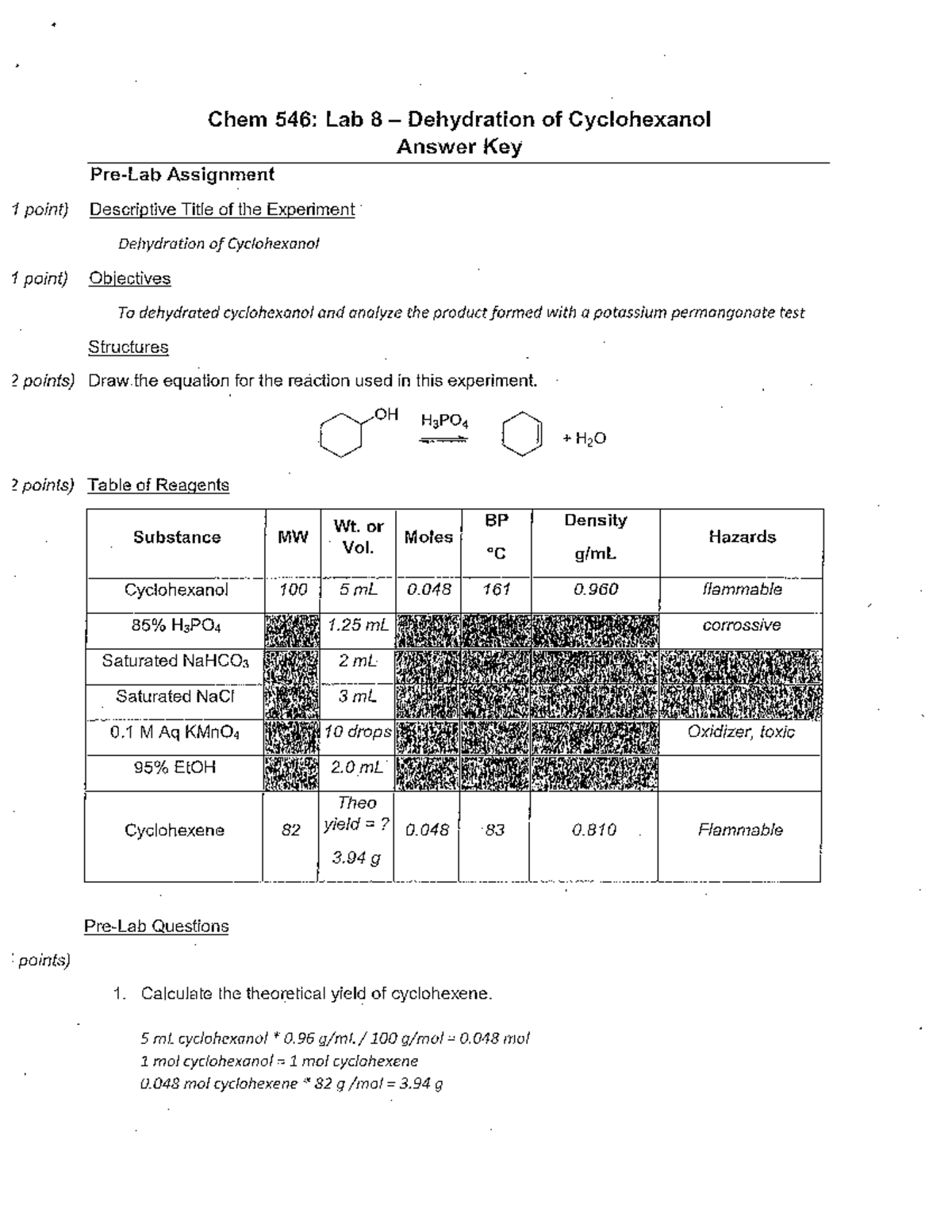 Dehydration of Cyclohexanol Key - Chem 546: Lab 8 — Dehydration of Cyciohexanol Answer Key‘ Pre ...
