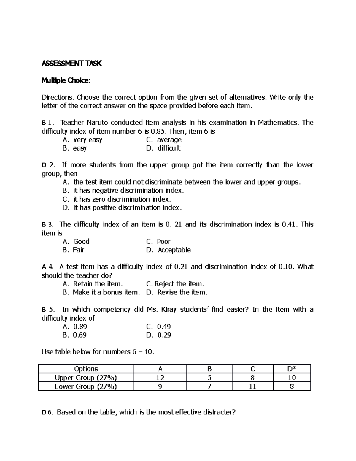 Calimag-Daniela-P - ASSESSMENT TASK Multiple Choice: Directions. Choose ...