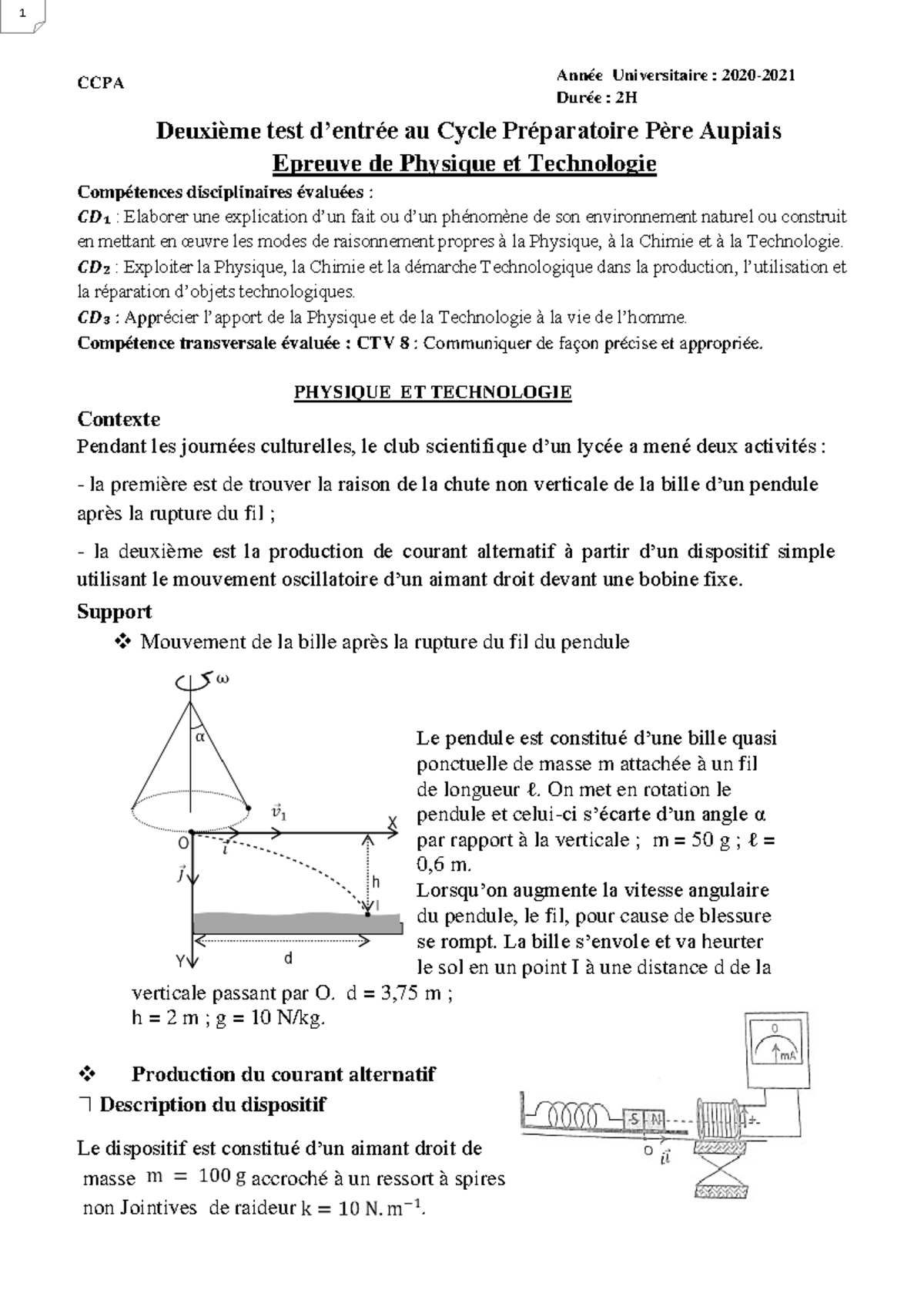 Deuxième test du CPPA 2021 - 1 Deuxième test d’entrée au Cycle ...