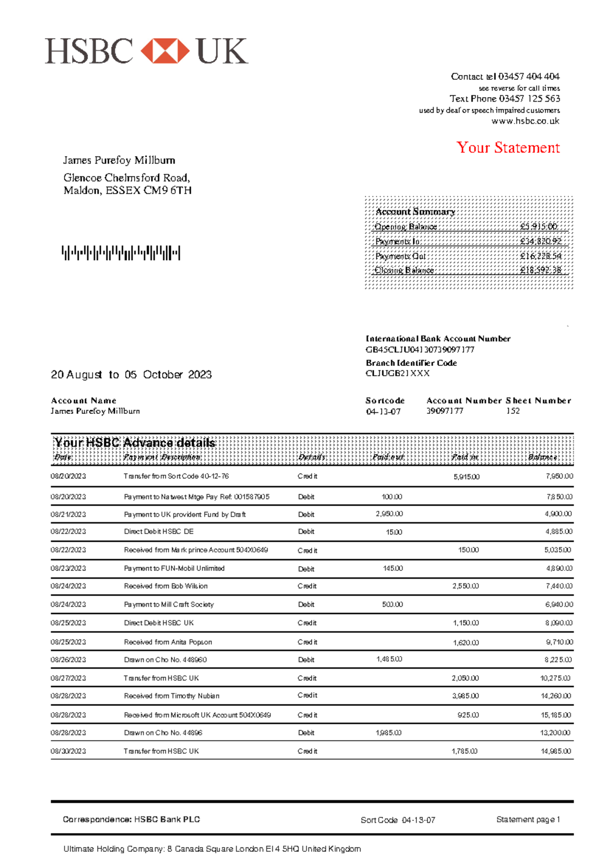 HBSC Bank statement - hsbc bank - see reverse for call times used by ...