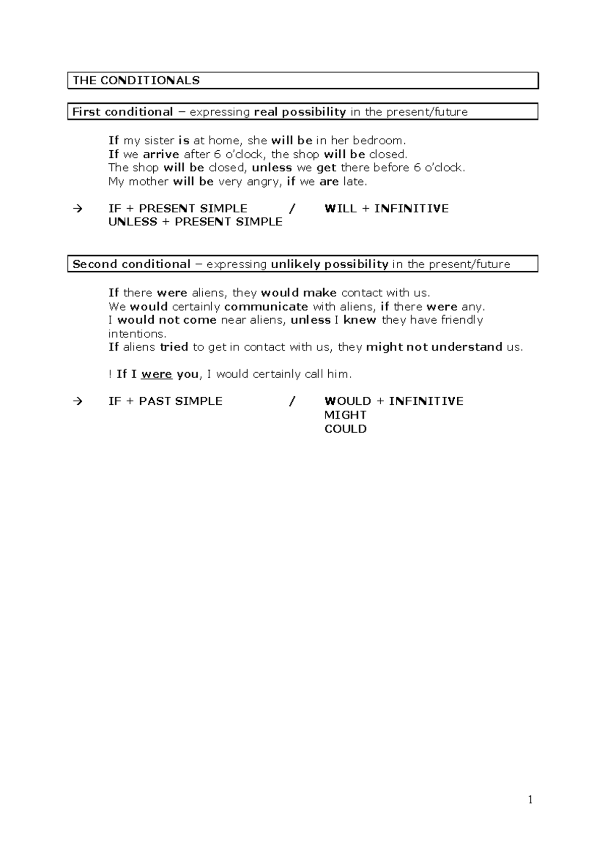 THE Conditionals 1st and 2nd - THE CONDITIONALS First conditional ...