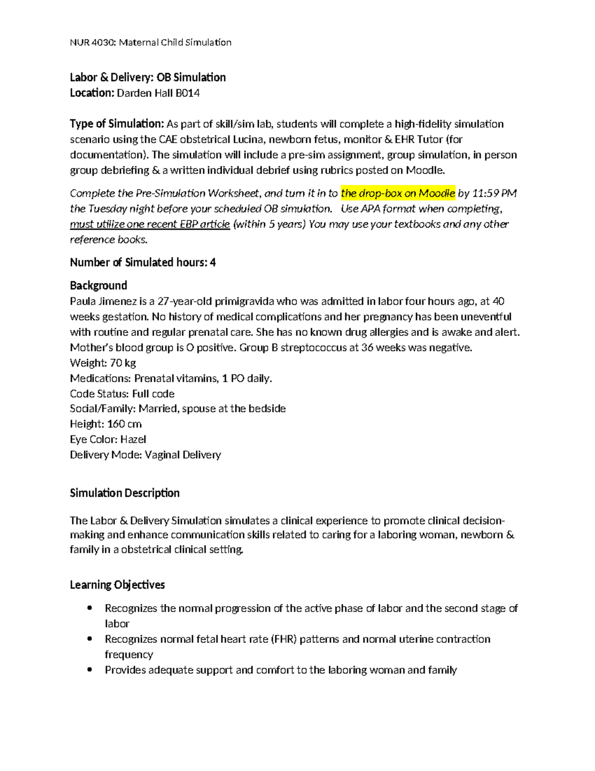 L&d sim final final - Naaaaaaaaa - Labor & Delivery: OB Simulation ...