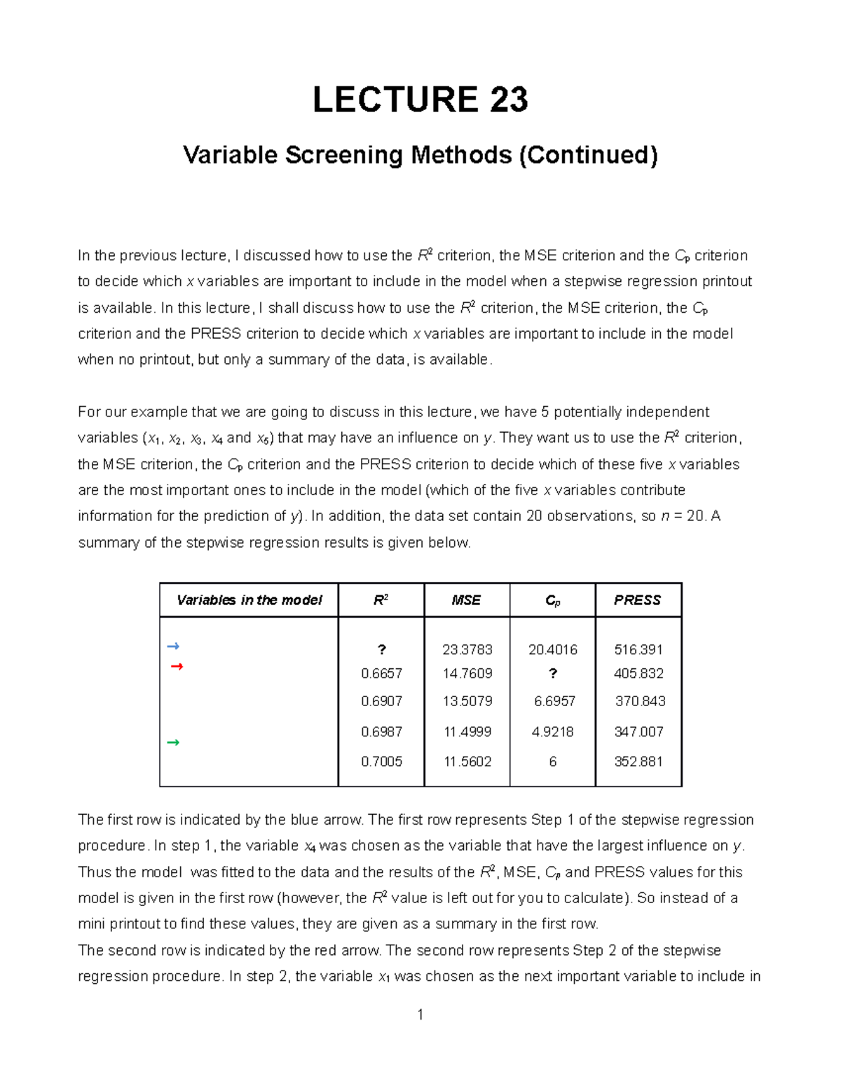 Lecture 23 - Regression Analysis - LECTURE 23 Variable Screening ...
