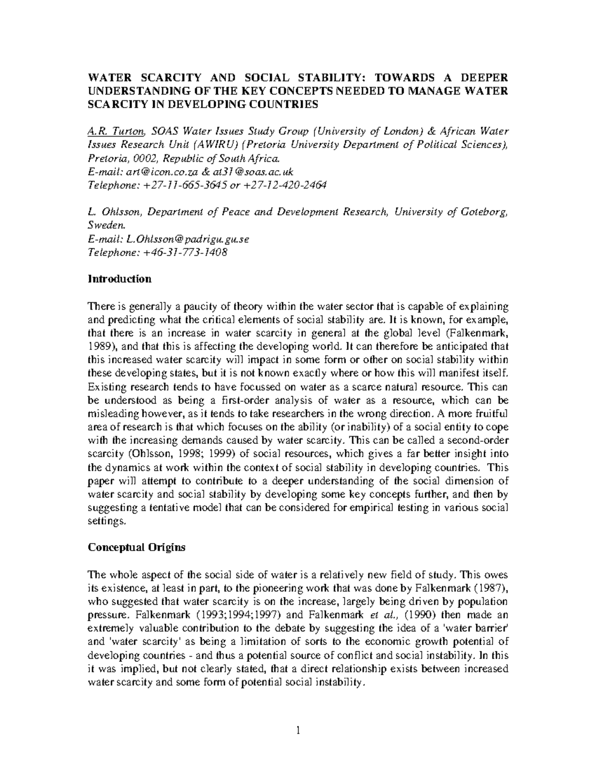 Water Scarcity AND Social Stability Towards A Deeper - WATER SCARCITY ...