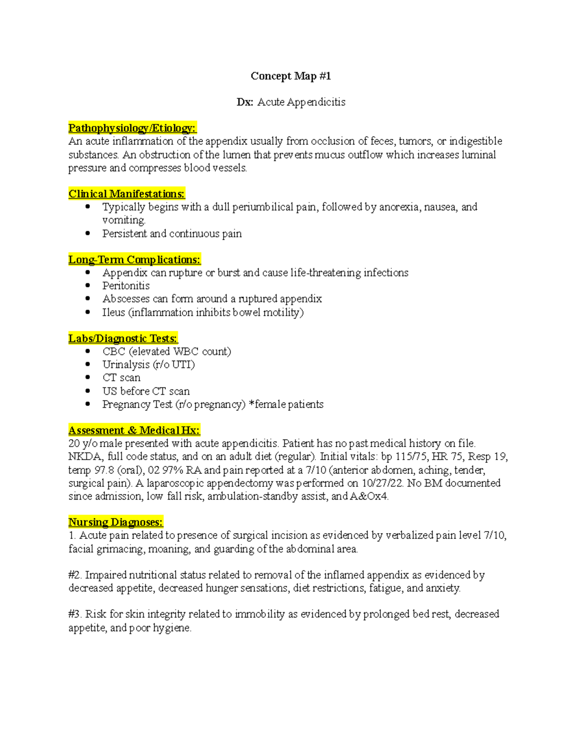 Concept Map Layout - Concept Map # Dx: Acute Appendicitis ...