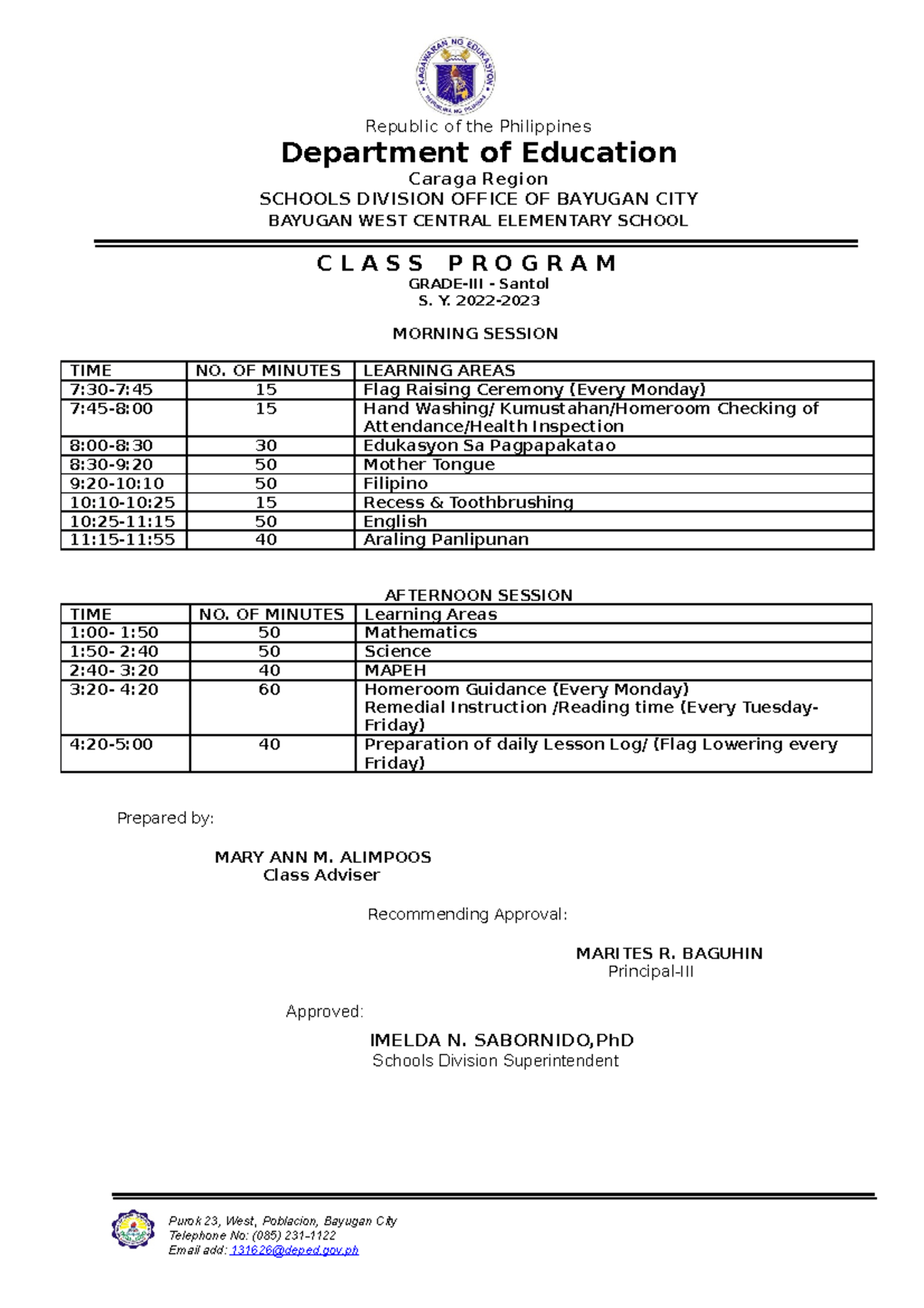 C L A S S P R O G R A M - Sample - Department of Education Caraga ...