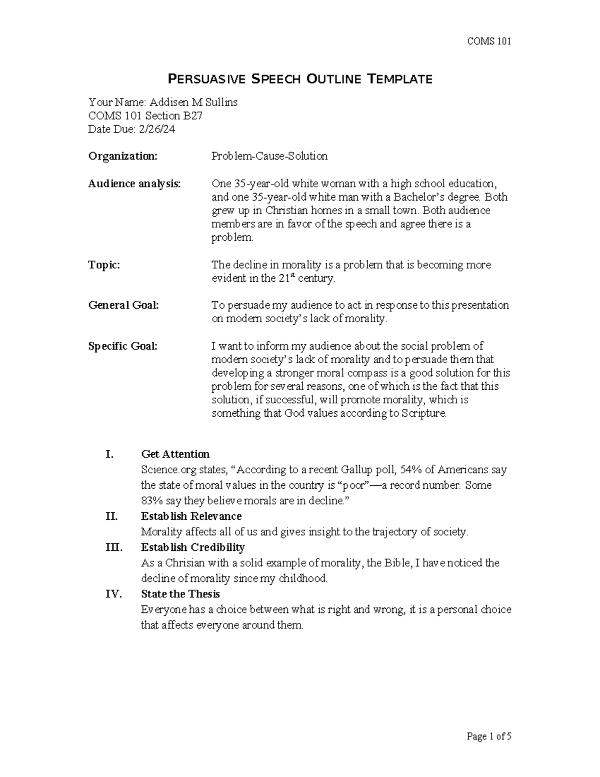 Persuasive Speech Outline - Addisen M Sullins - PERSUASIVE SPEECH ...