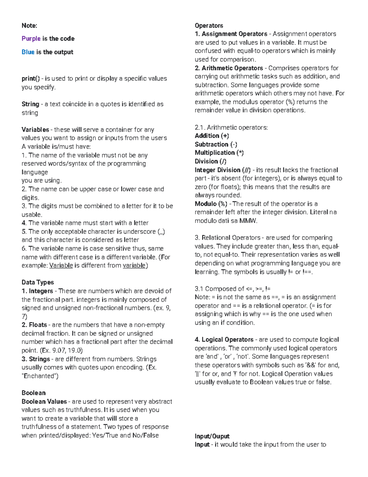 Reviewer - Note: Purple is the code Blue is the output print() - is ...