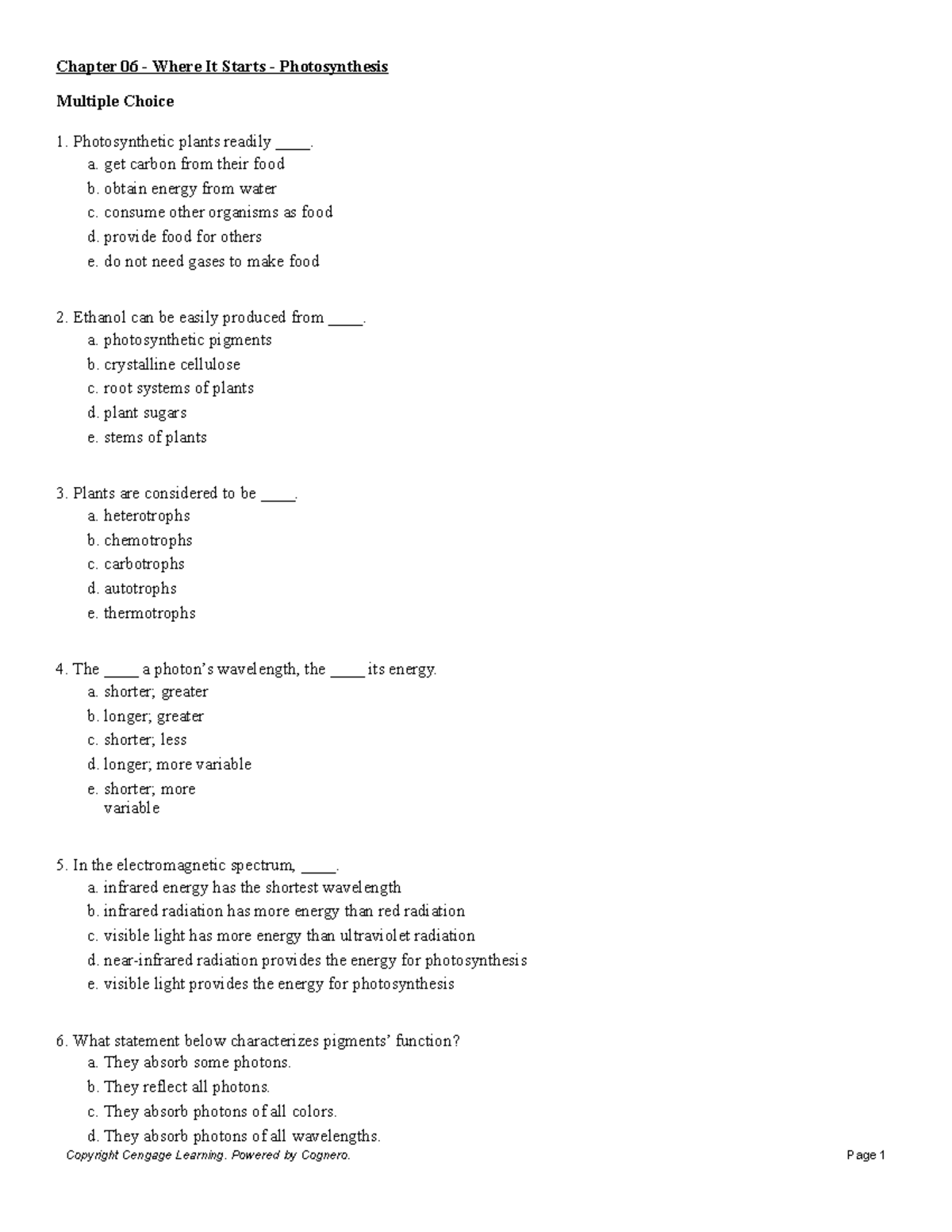 Photosynthesis Exercises - Multiple Choice Photosynthetic plants ...