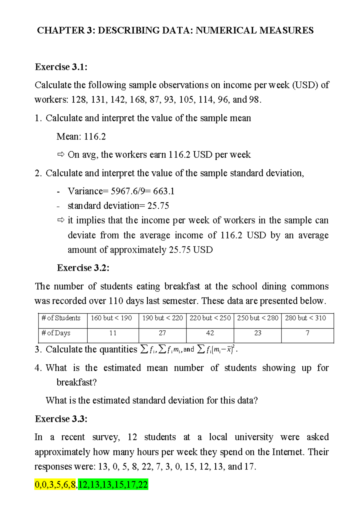 Exercises c3 - CHAPTER 3: DESCRIBING DATA: NUMERICAL MEASURES Exercise ...