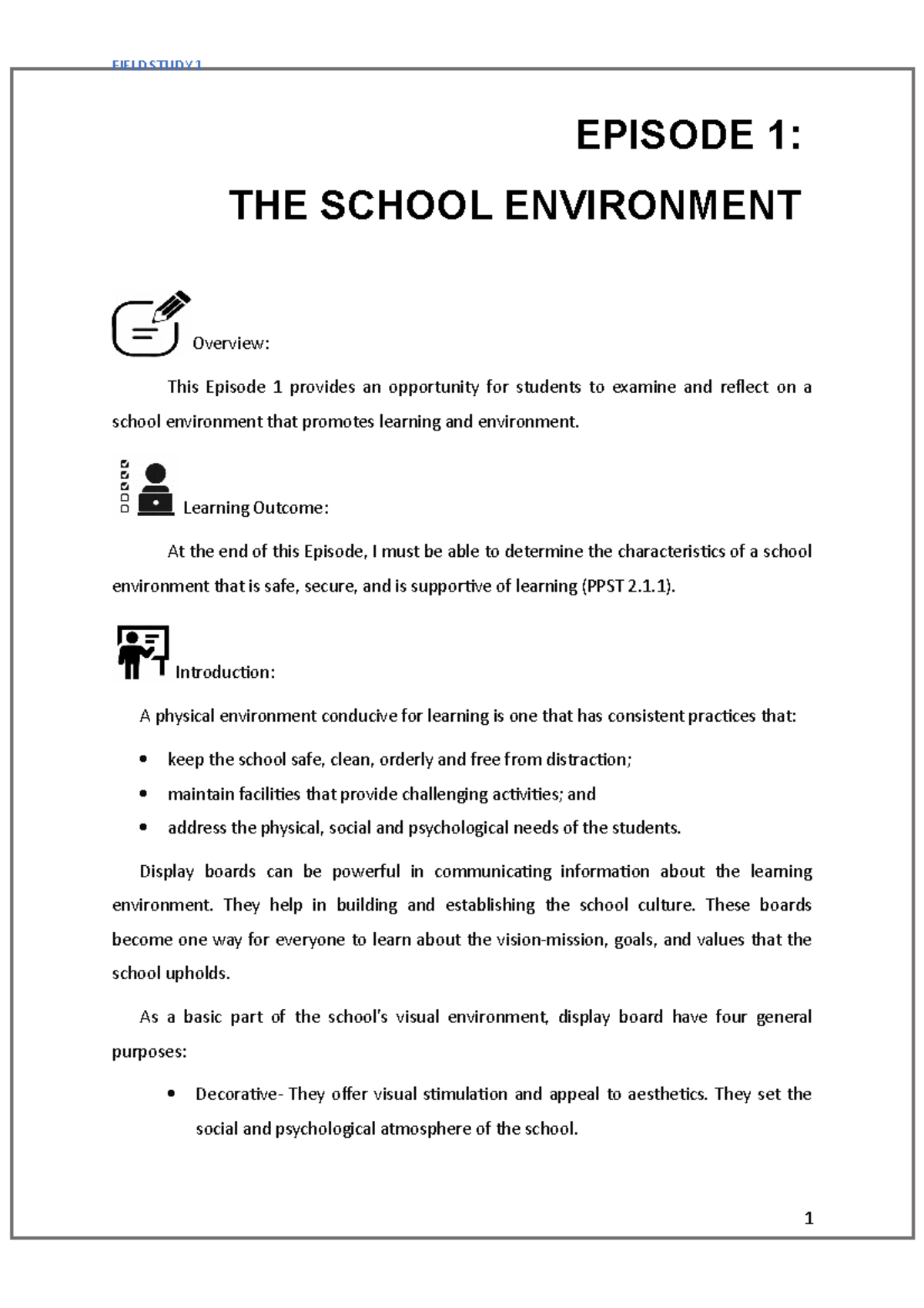 FS1 Episode 1 - Lecture notes 1 - EPISODE 1: THE SCHOOL ENVIRONMENT ...