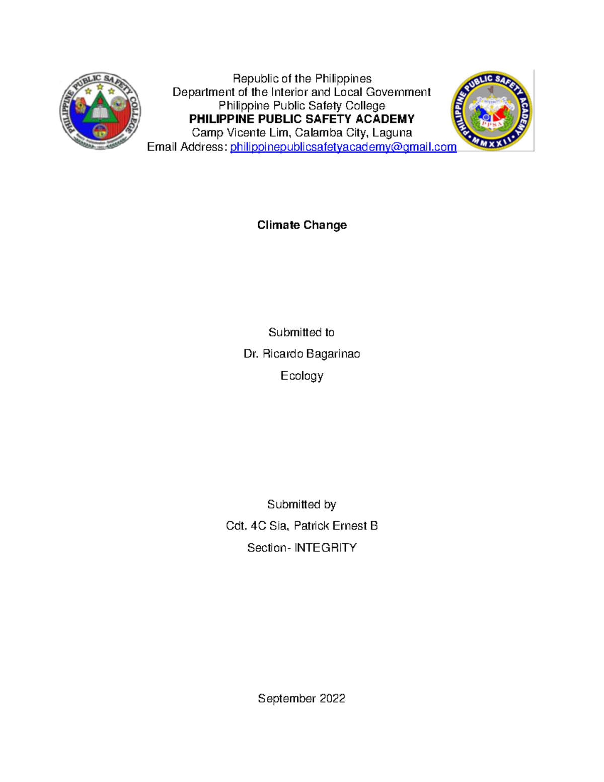 Sia Patrick Ernest Biley Climate Change - Republic of the Philippines Department of the Interior ...