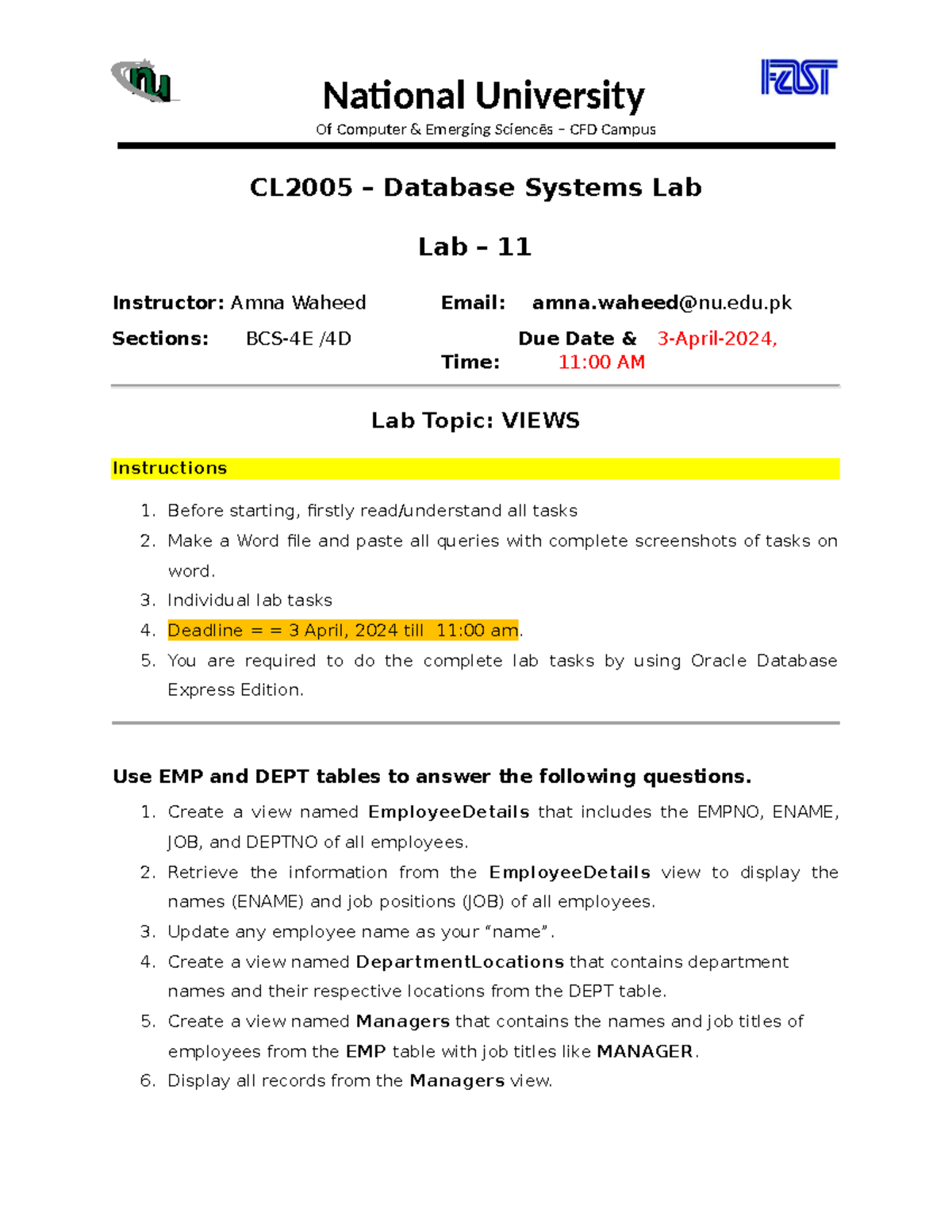 Lab 11 Tasks - automata - CL2005 – Database Systems Lab Lab – 11 Instructor: Amna Waheed Email ...
