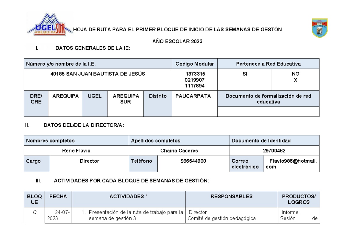 HOJA DE RUTA DE IE 40185 SJBJ - HOJA DE RUTA PARA EL PRIMER BLOQUE DE INICIO DE LAS SEMANAS DE ...