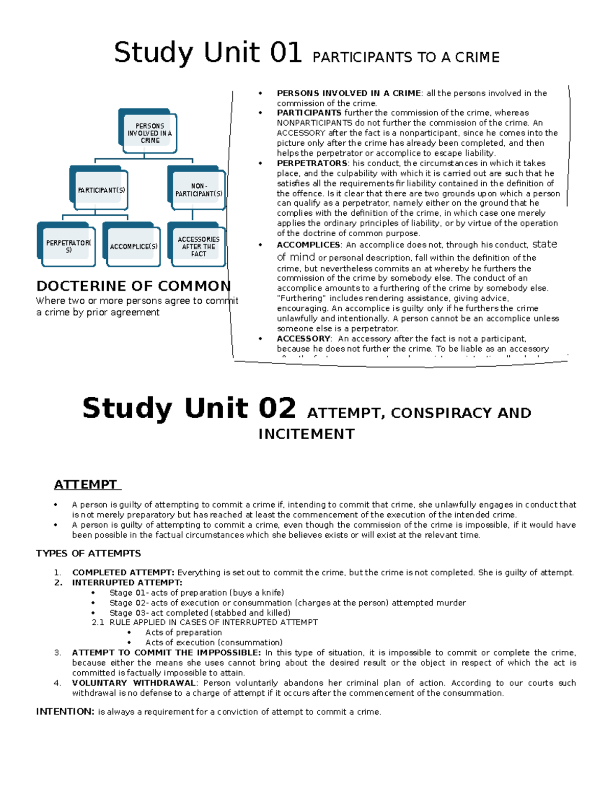CRIMINAL LAW SUMMARY UNIT 01/02 UNISA - Study Unit 01 PARTICIPANTS TO A CRIME DOCTERINE OF ...