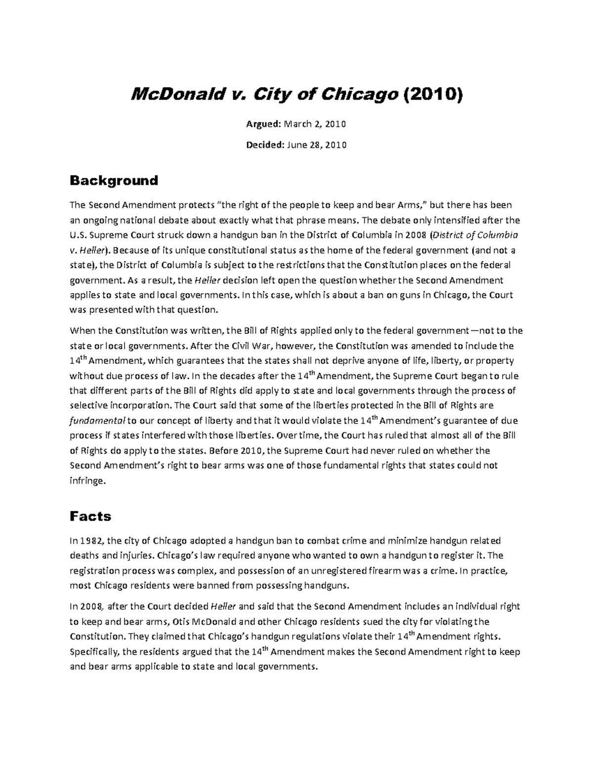 Mc Donald+v - Notes - McDonald v. City of Chicago (2010) Argued: March ...