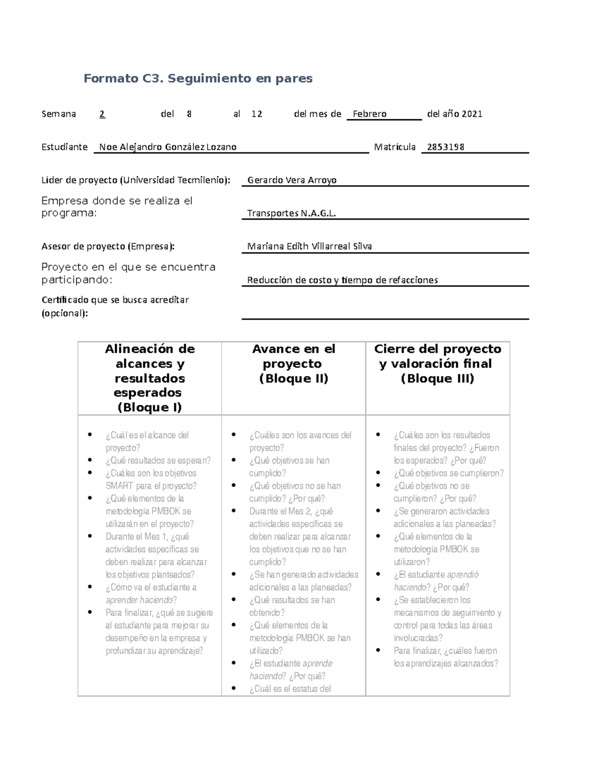Primer Formato C3 Bloque 1 Proyectos 2 - Formato C3. Seguimiento en ...