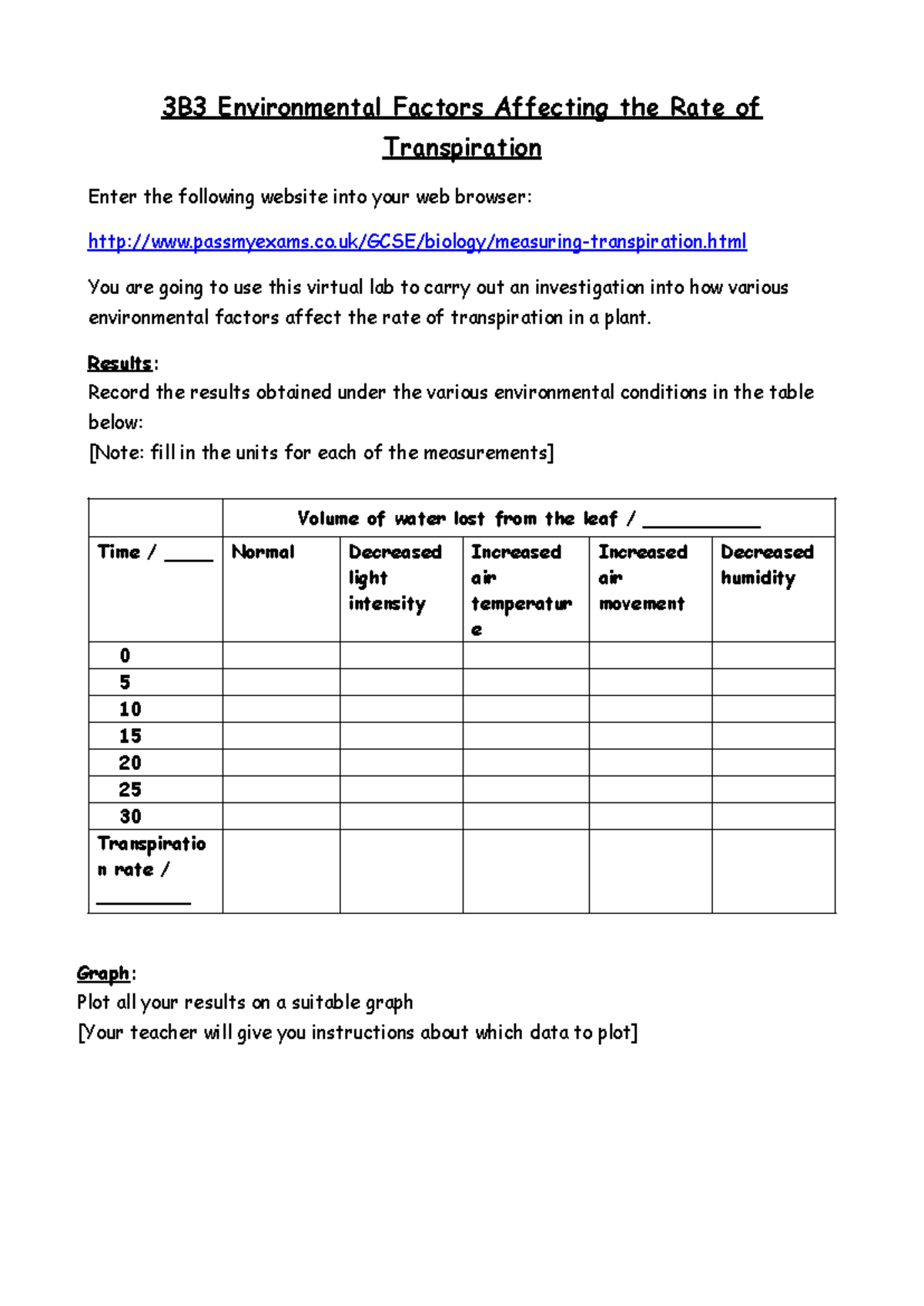 3B3 Potometer Simulation worksheet - 3B3 Environmental Factors ...