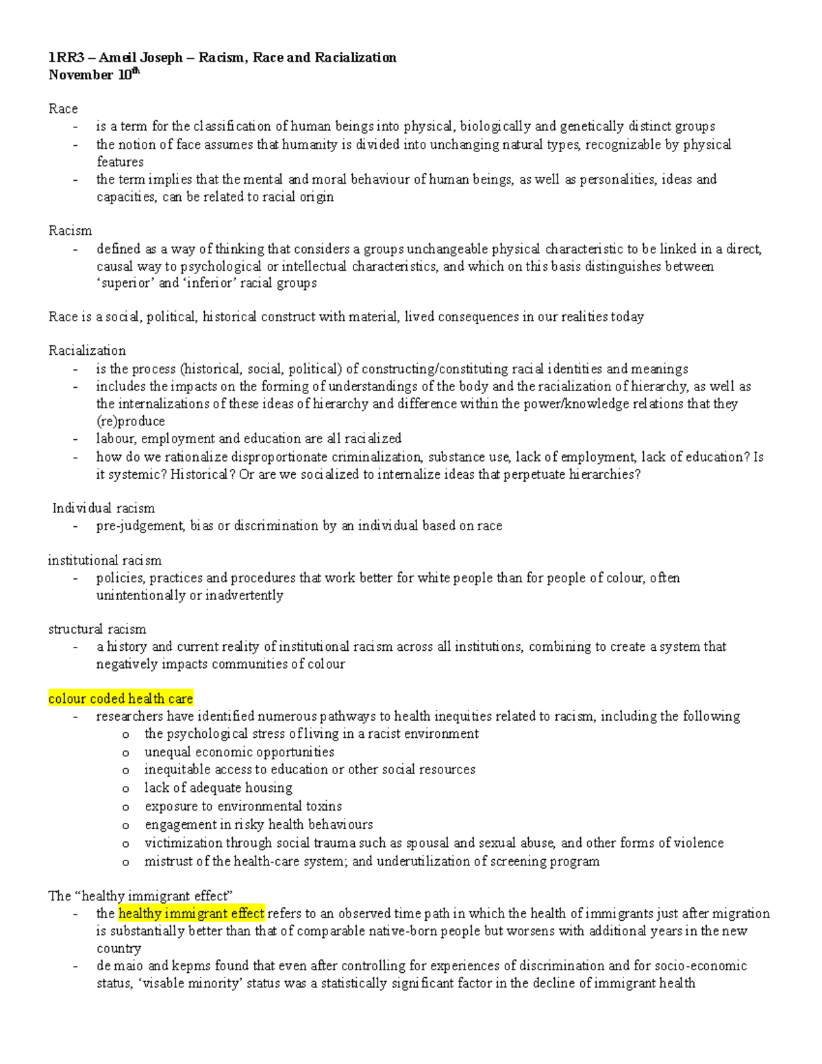 1RR3 Unit 8 - Lecture notes 8 - 1RR3 – Ameil Joseph – Racism, Race and ...