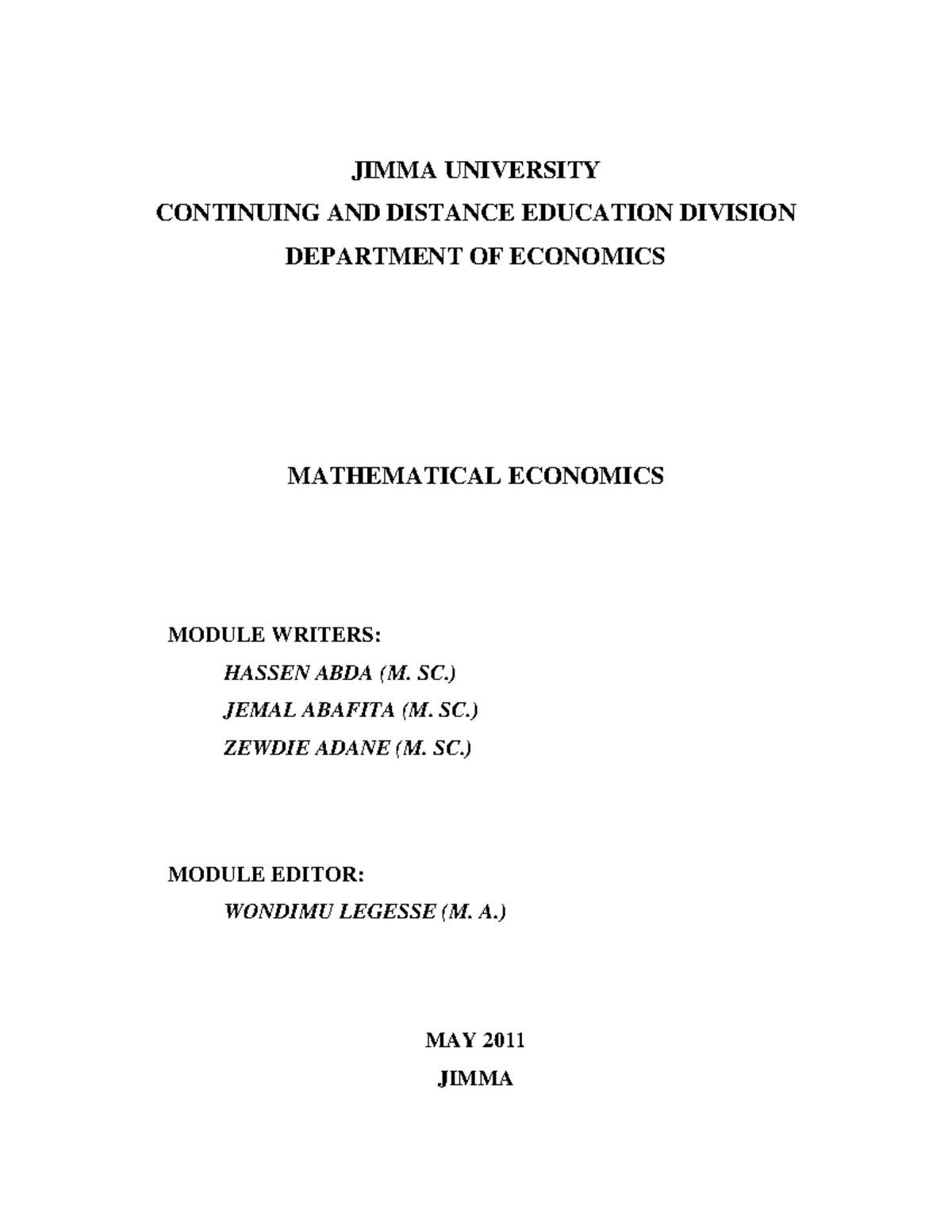 Mathematical Economics - Module-1 - JIMMA UNIVERSITY CONTINUING AND ...