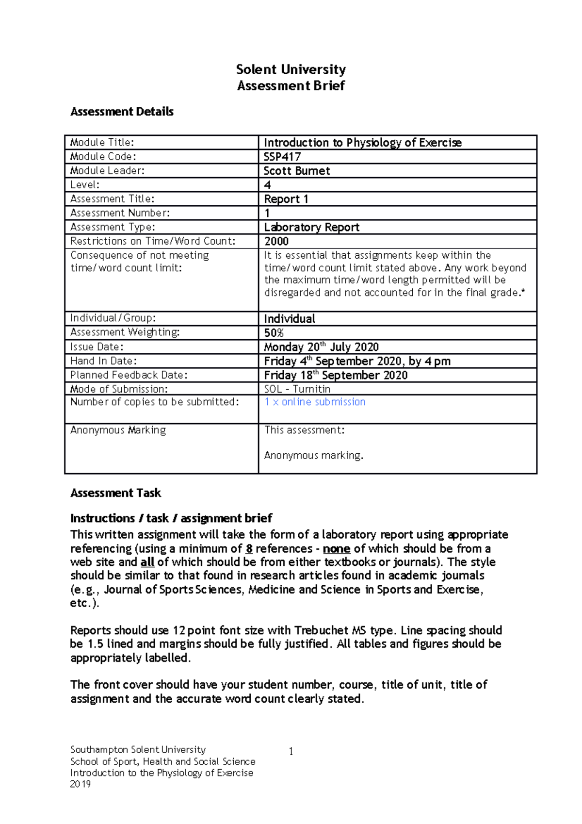SSP Lab Report Assessment Brief 2nd Attempt 2020 - Solent University ...