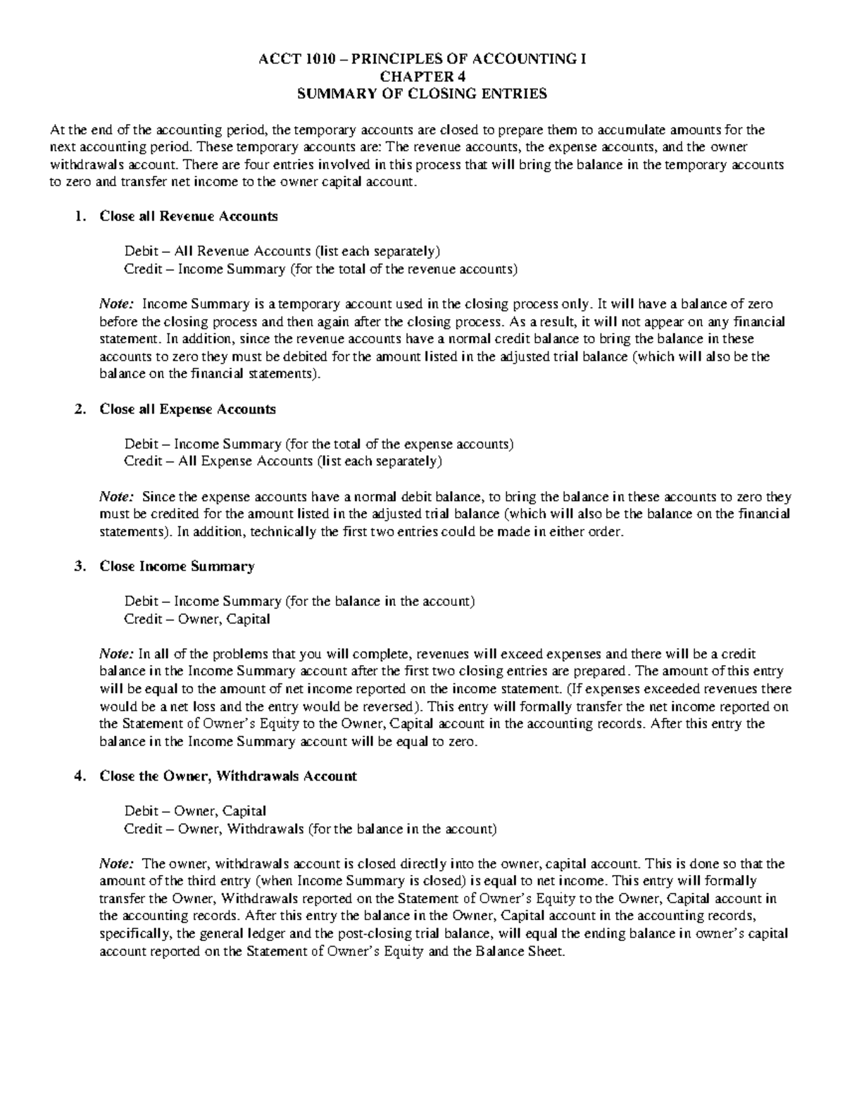 Summary of Closing Entries - ACCT 1010 – PRINCIPLES OF ACCOUNTING I ...