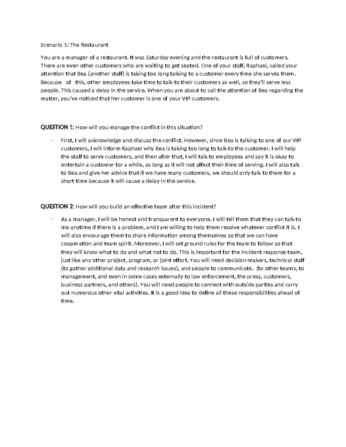 07 activity-1 - essays - Scenario 1: The Restaurant You are a manager ...