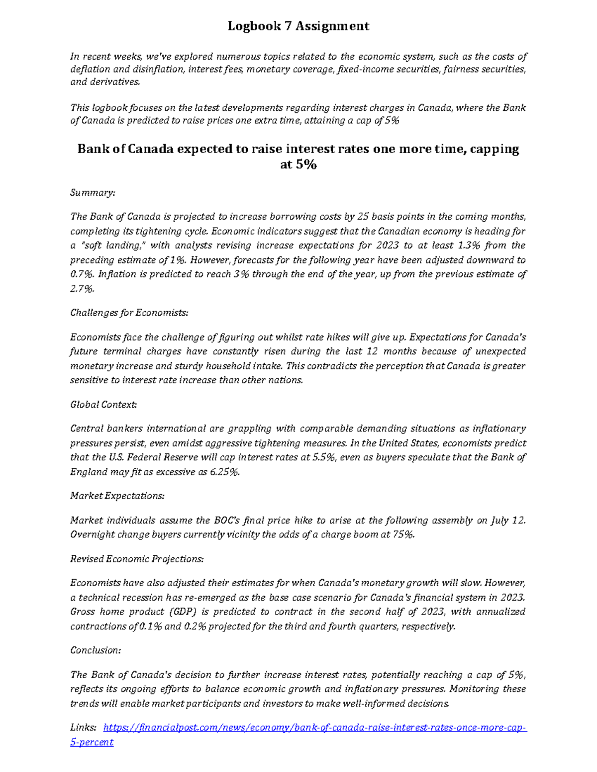 Logbook 7 Assignment - FIN2055 - Conestoga College - Studocu