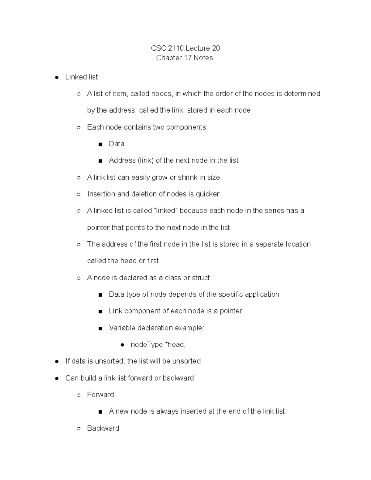 CSC 2110 Lecture 20 - CSC 2110 Lecture 20 Chapter 17 Notes Linked list ...