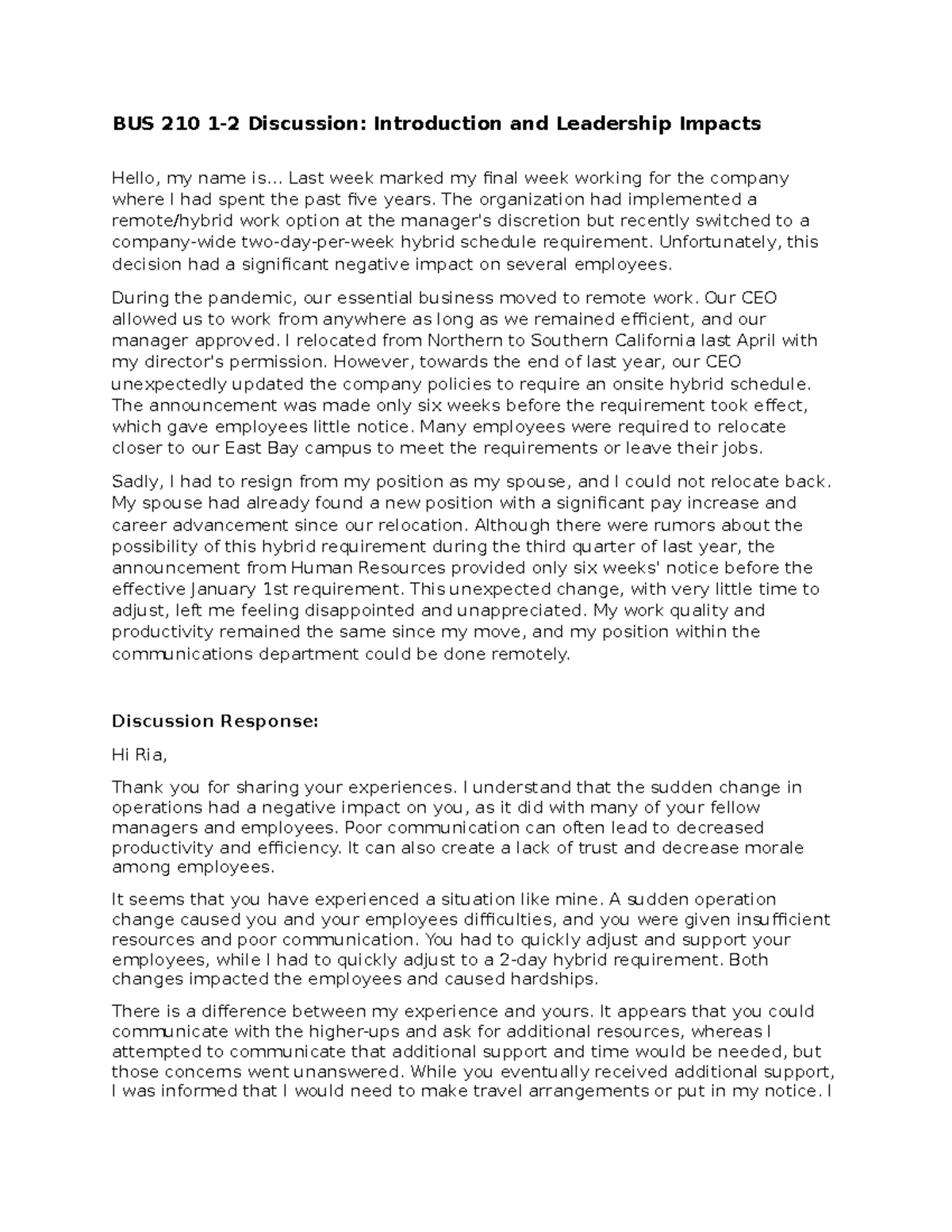 BUS 210 Module 1 Discussion - BUS 210 1-2 Discussion: Introduction and ...