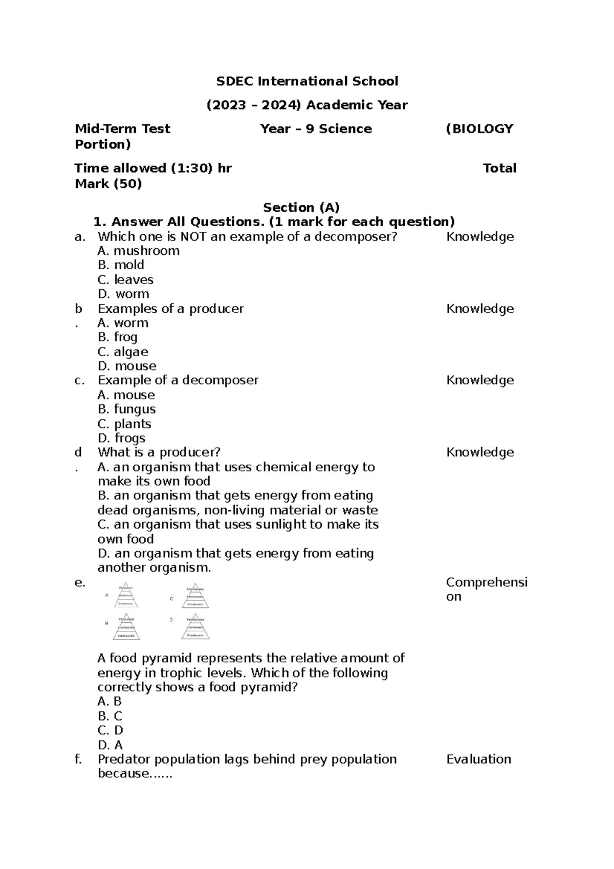 Table of Specification - SDEC International School (2023 – 2024 ...