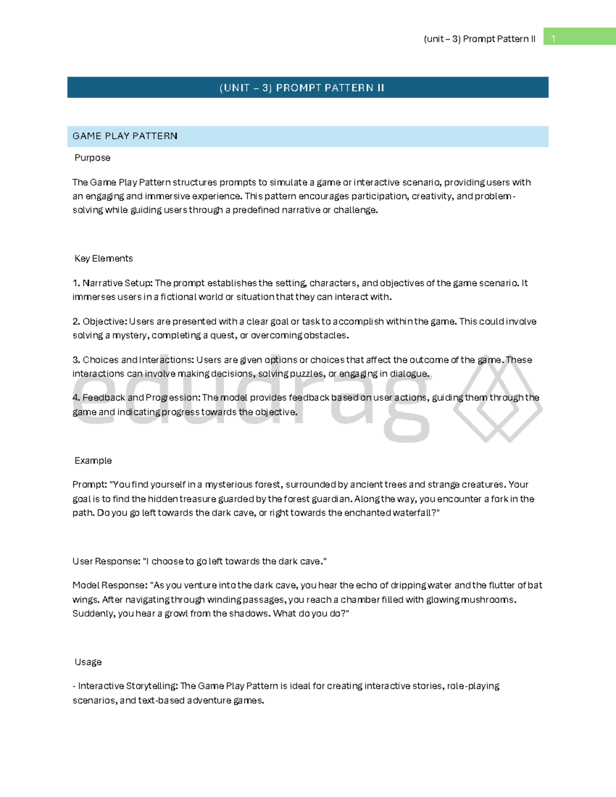 Unit 3 prompt engi - (unit – 3) Prompt Pattern II 1 (UNIT – 3) PROMPT ...