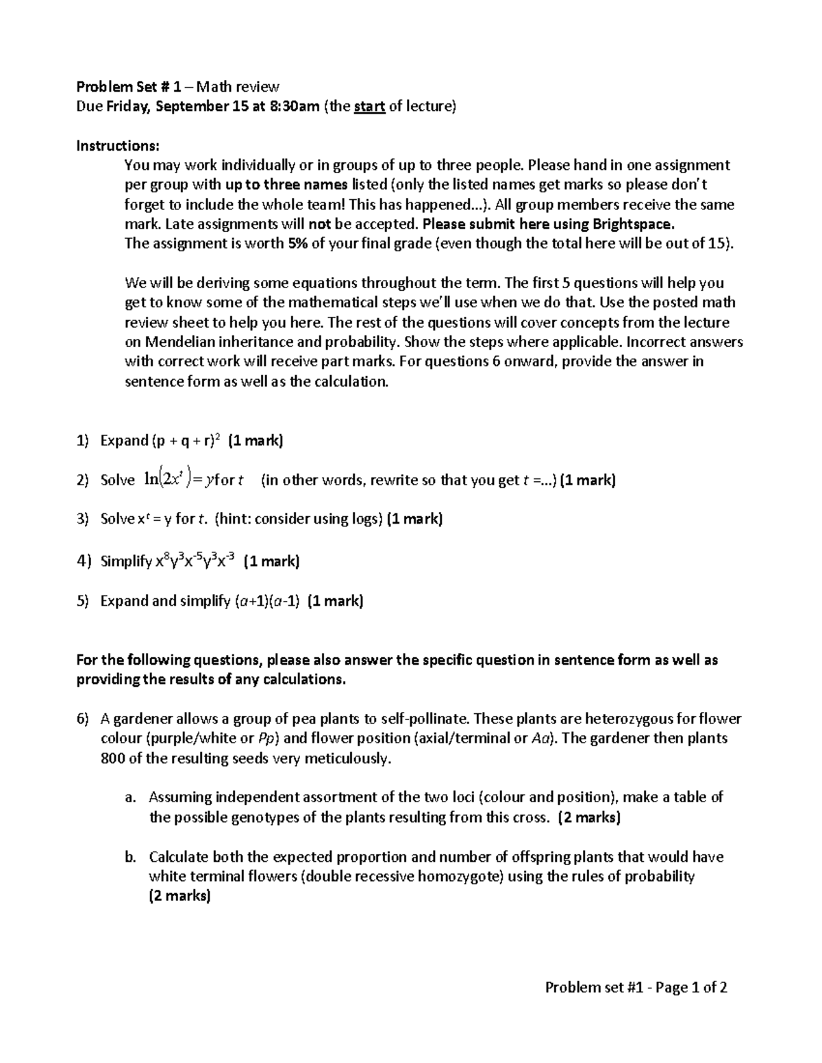Problem set 1 - post-3 - mandatory assignments for pop gen - Problem set #1 - Page 1 of 2 ...