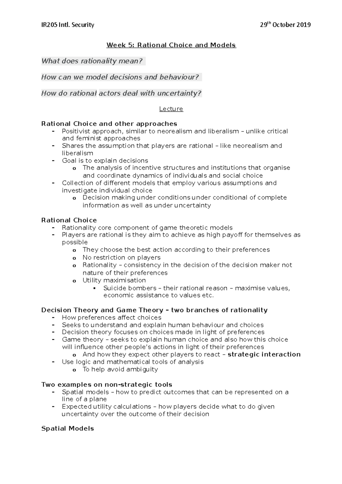 Week 5 - Rational Choice Models - lecture, reading and class notes ...