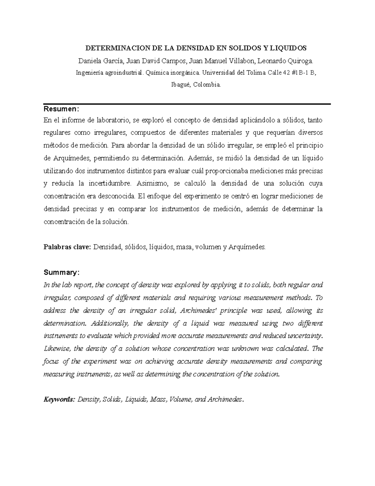 Determinación de la densidad - DETERMINACION DE LA DENSIDAD EN SOLIDOS ...