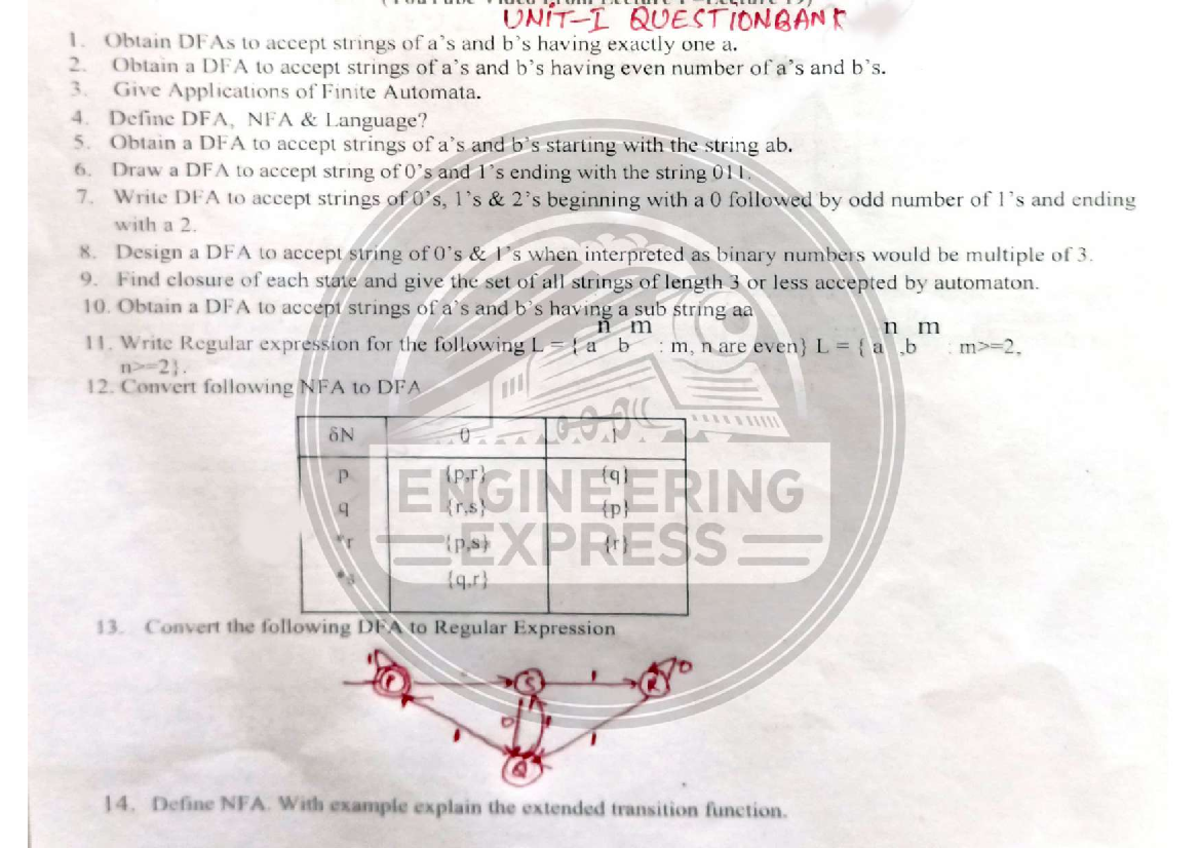 Question bank-1 TAFL - QUESTIONBANK 1. Obtain DFAs to accept strings of ...