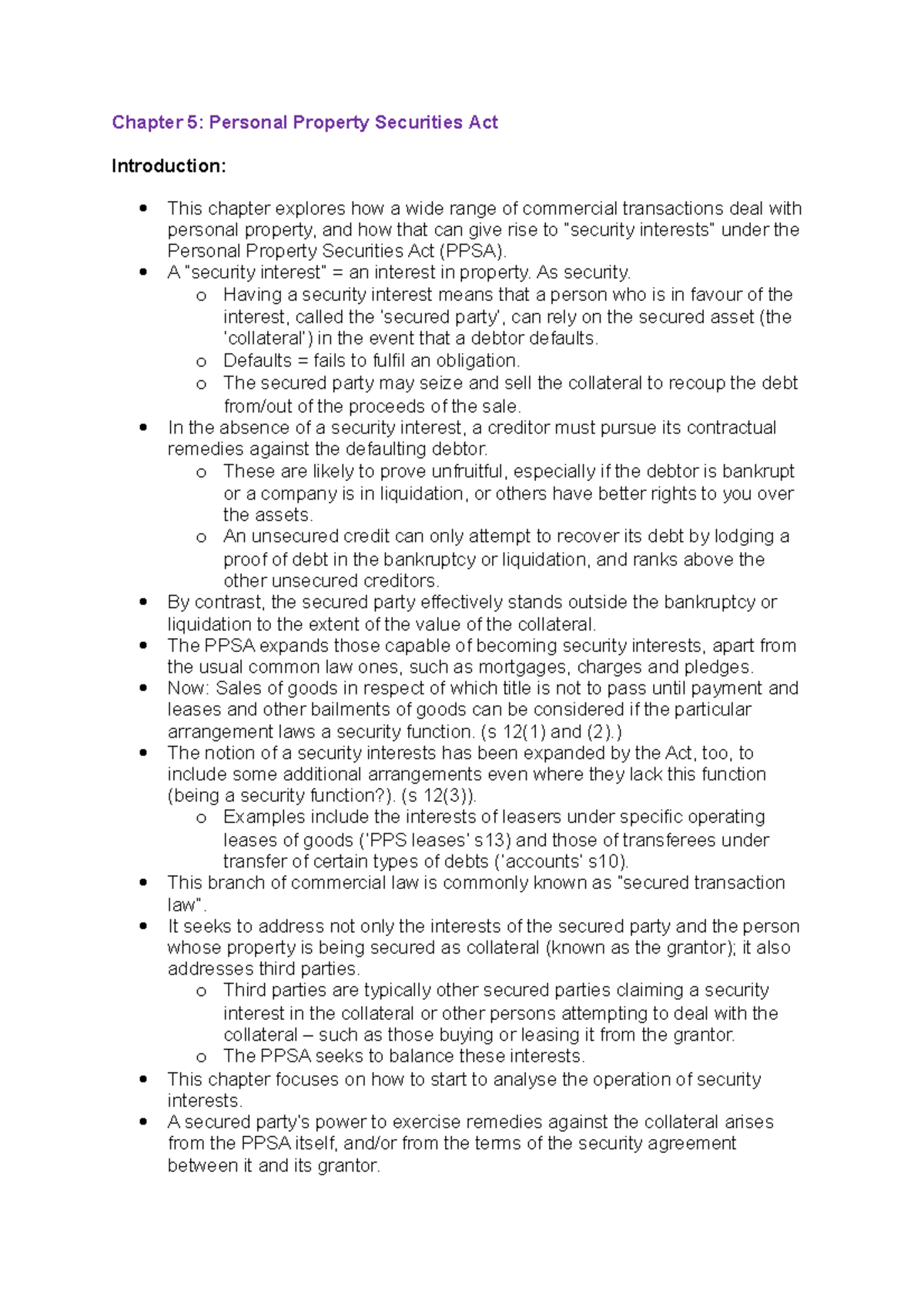 Personal Property Securities Act Notes - Chapter 5: Personal Property ...