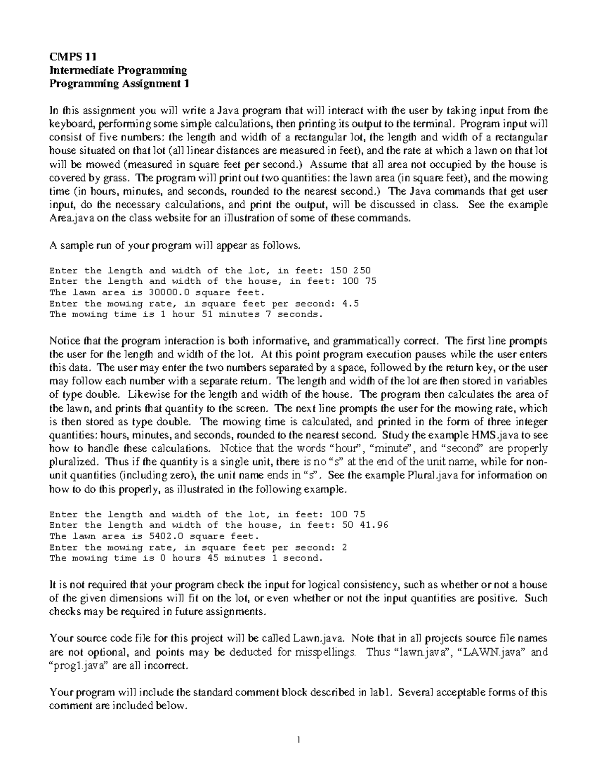 Pa1 - pa1 - CMPS 11 Intermediate Programming Programming Assignment 1 In this assignment you ...