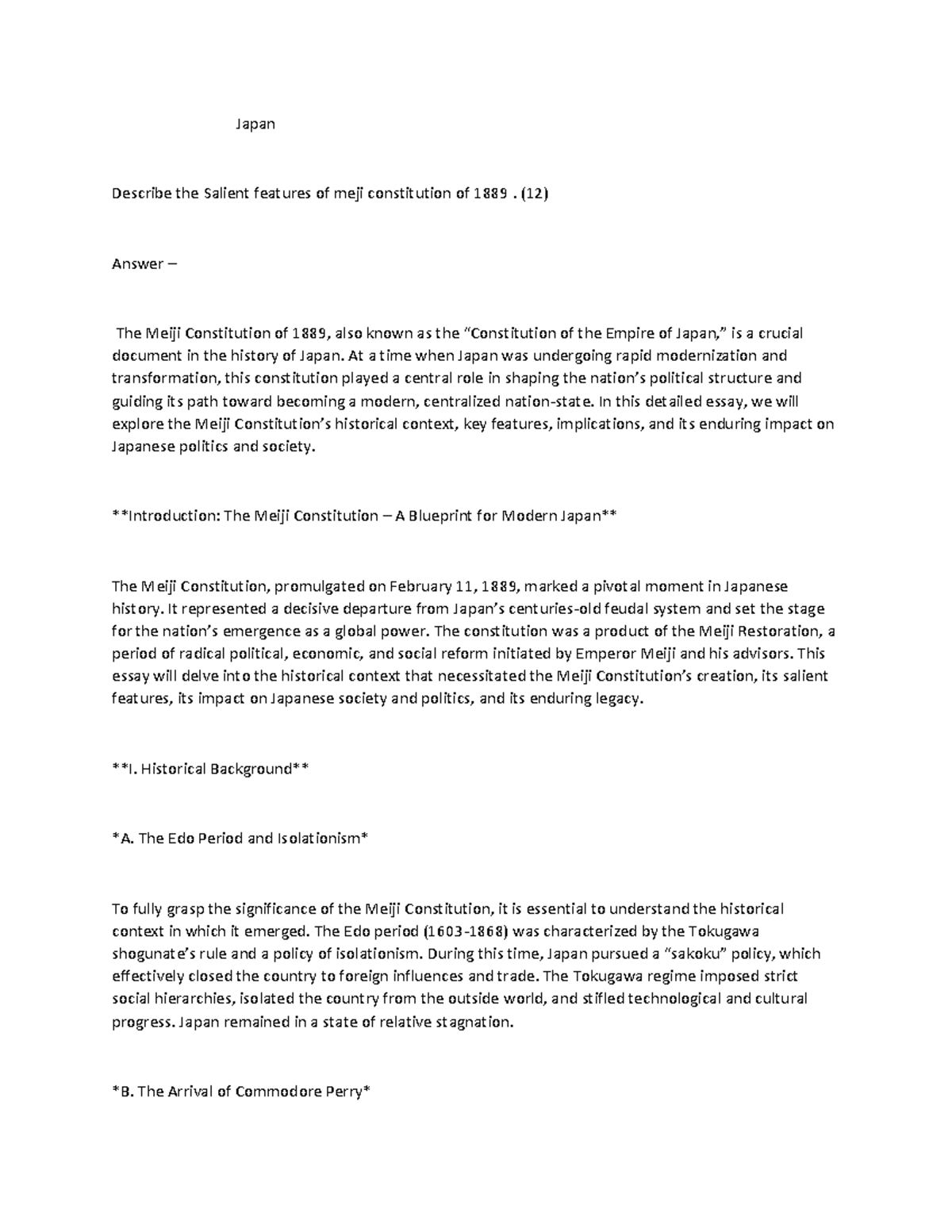 Document (8) - History - Japan Describe the Salient features of meji ...