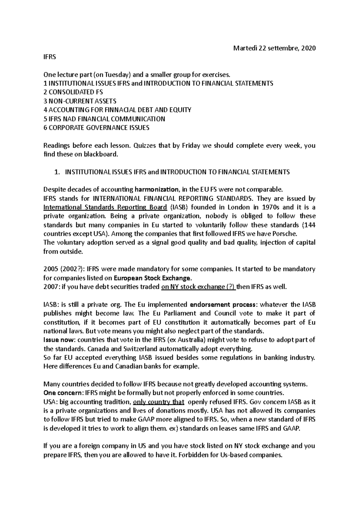 Ifrs Notes De Cours 1 6 Martedì 22 Settembre 2020 Ifrs One Lecture