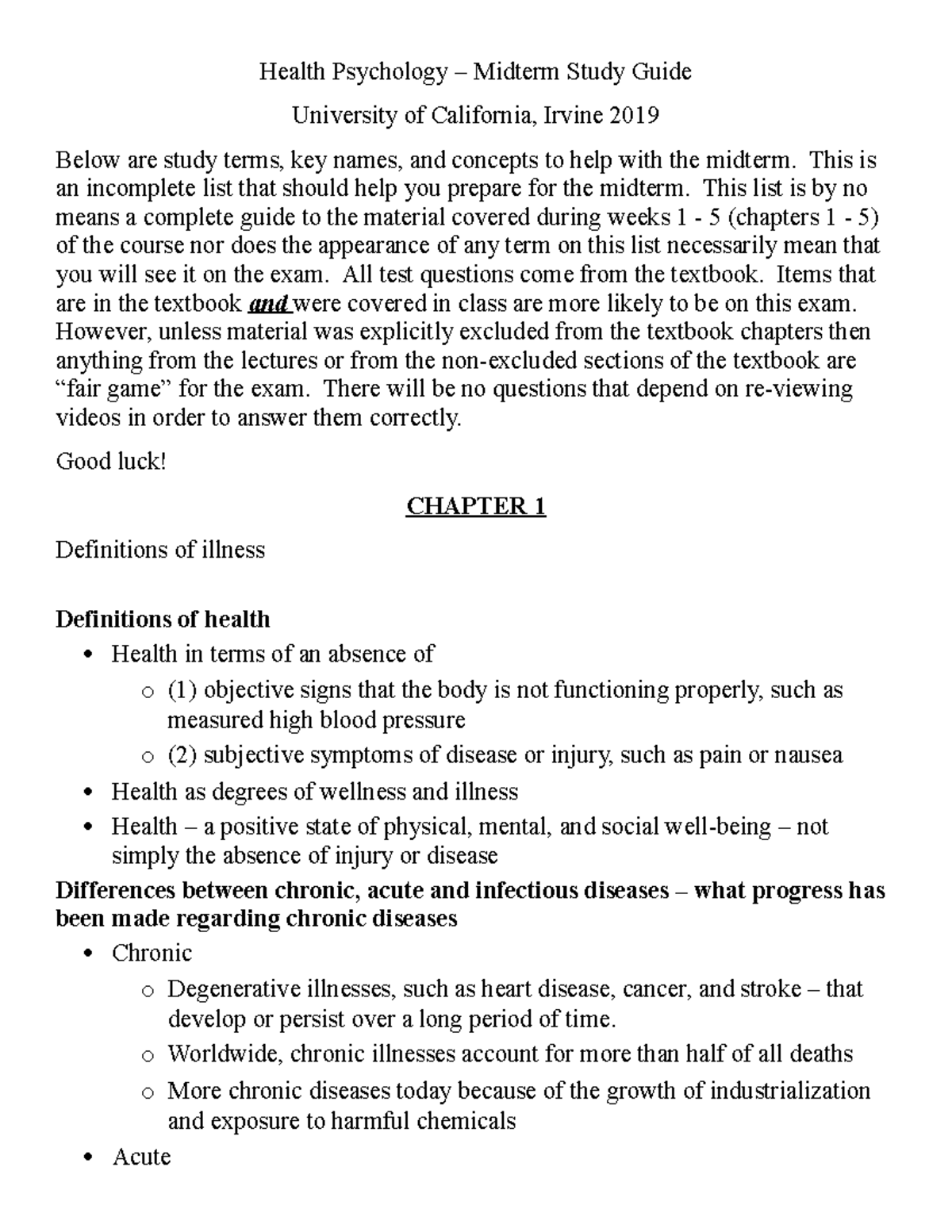 103H Midterm Study Guide - Health Psychology – Midterm Study Guide ...