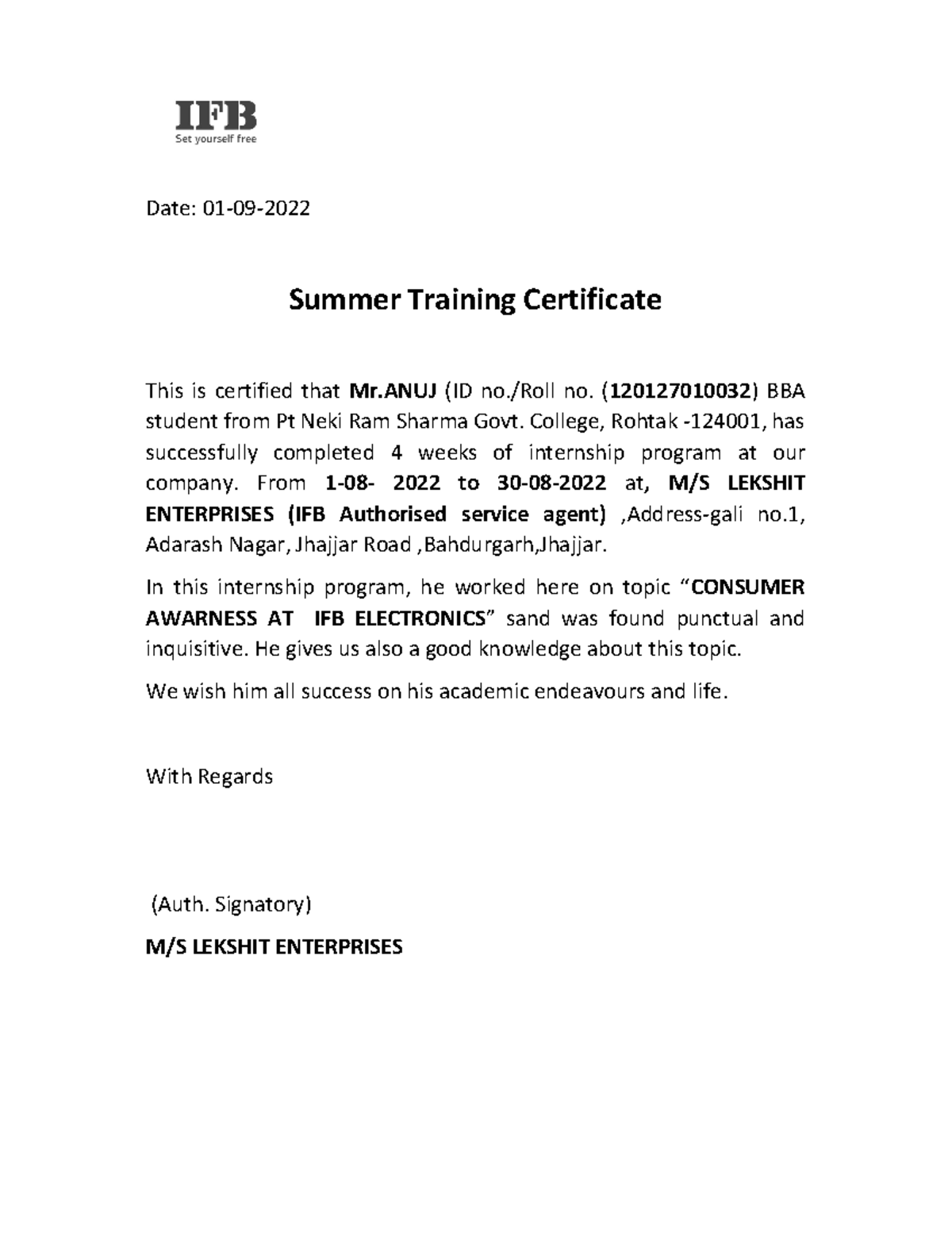 Anuj anuj pdf - most useful - Date: 01-09- Summer Training Certificate ...